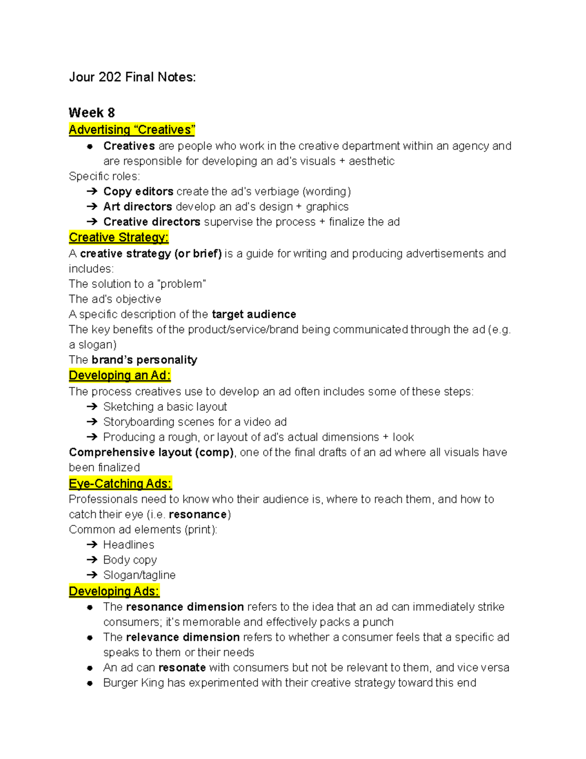 Jour 202 Final Exam Notes - Jour 202 Final Notes: Week 8 Advertising ...