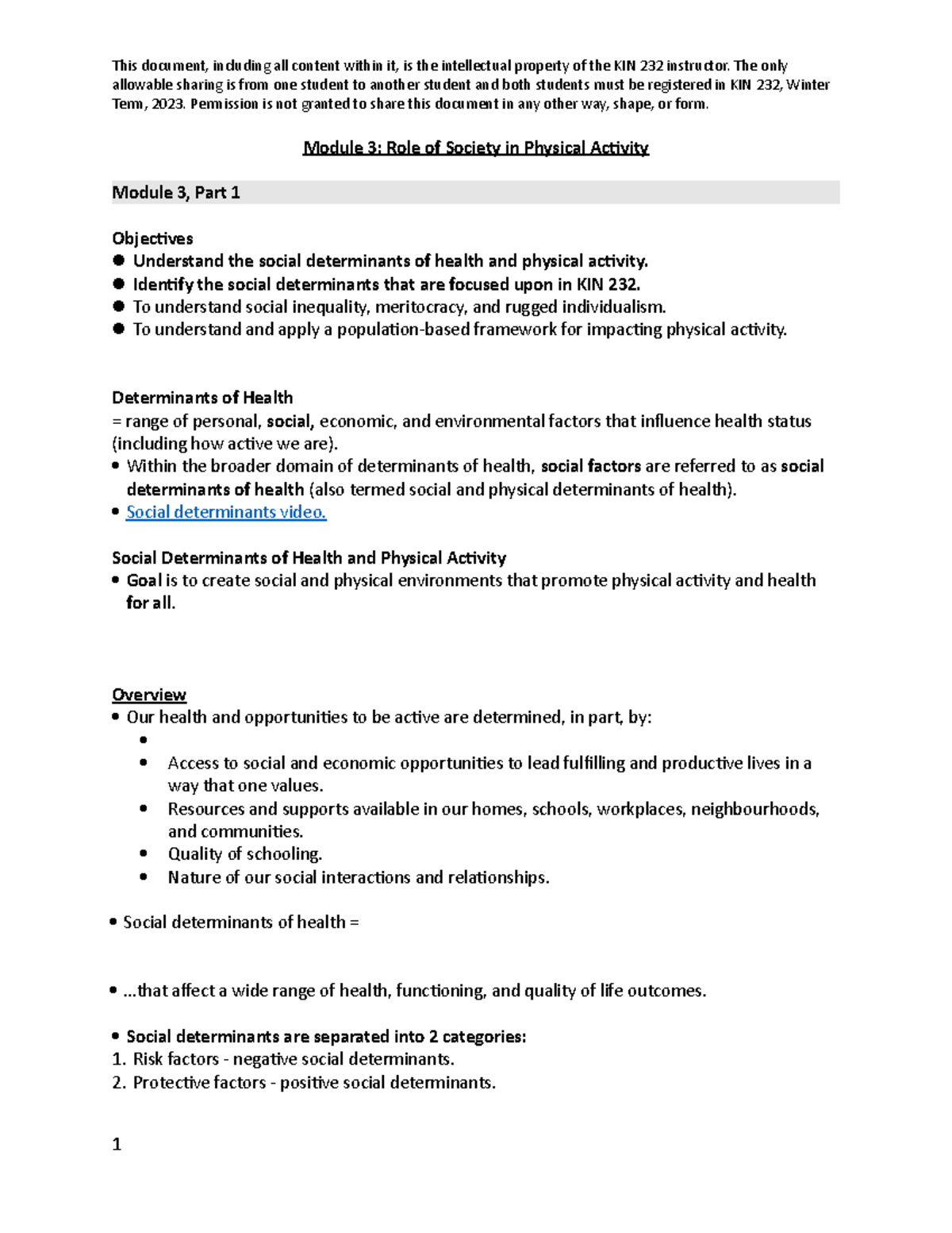 Module 3 Notes - kin 232 - allowable sharing is from one student to ...