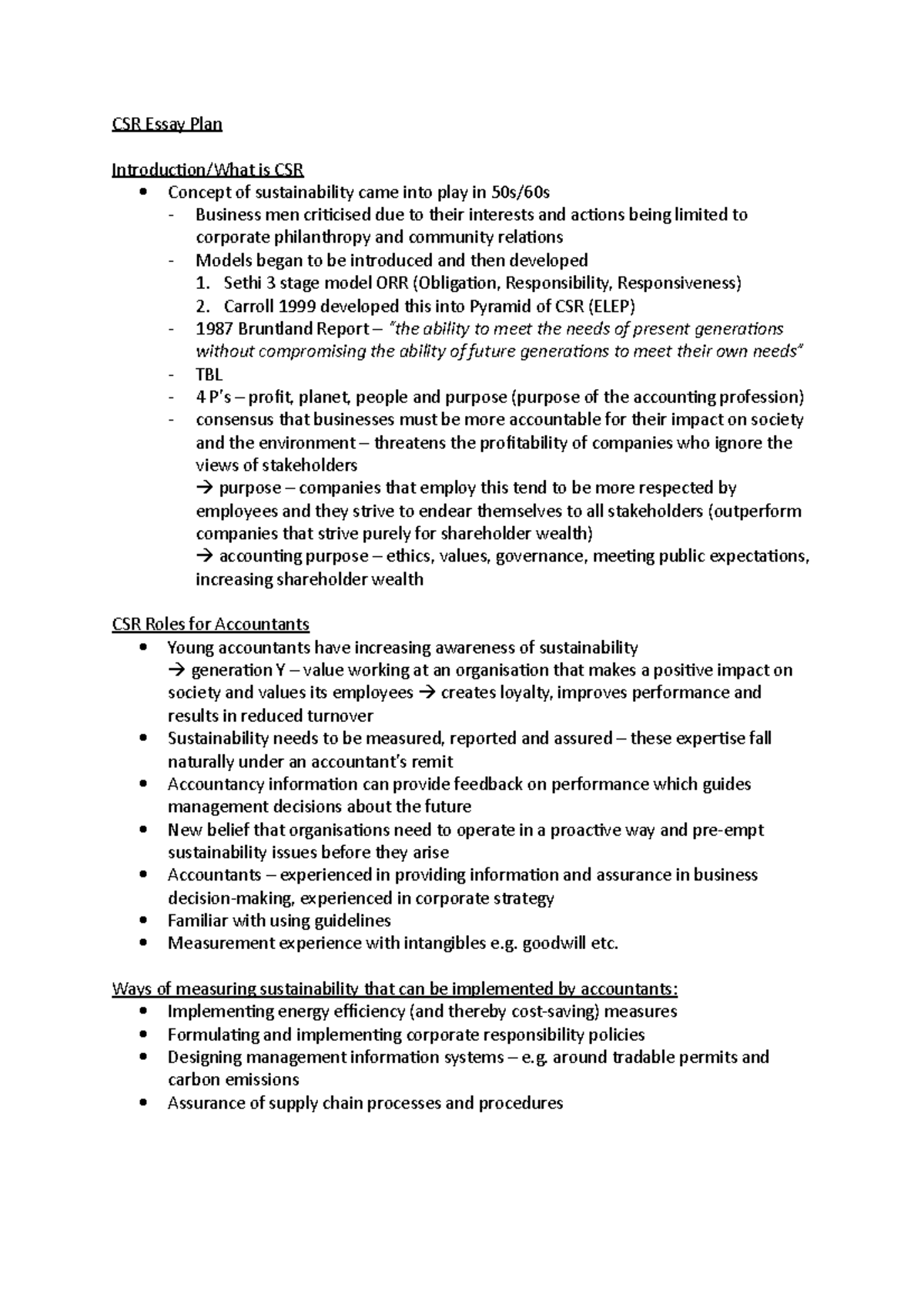 CSR Essay Notes - CSR Essay Plan Introduction/What is CSR Concept of ...
