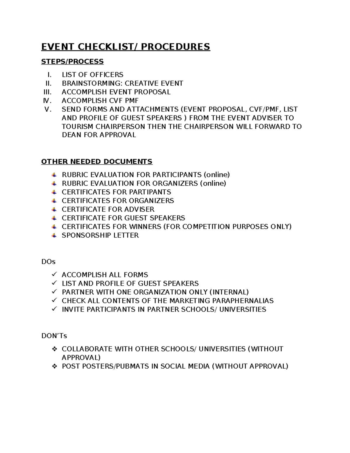 Event Checklist - EVENT CHECKLIST/ PROCEDURES STEPS/PROCESS I. LIST OF ...