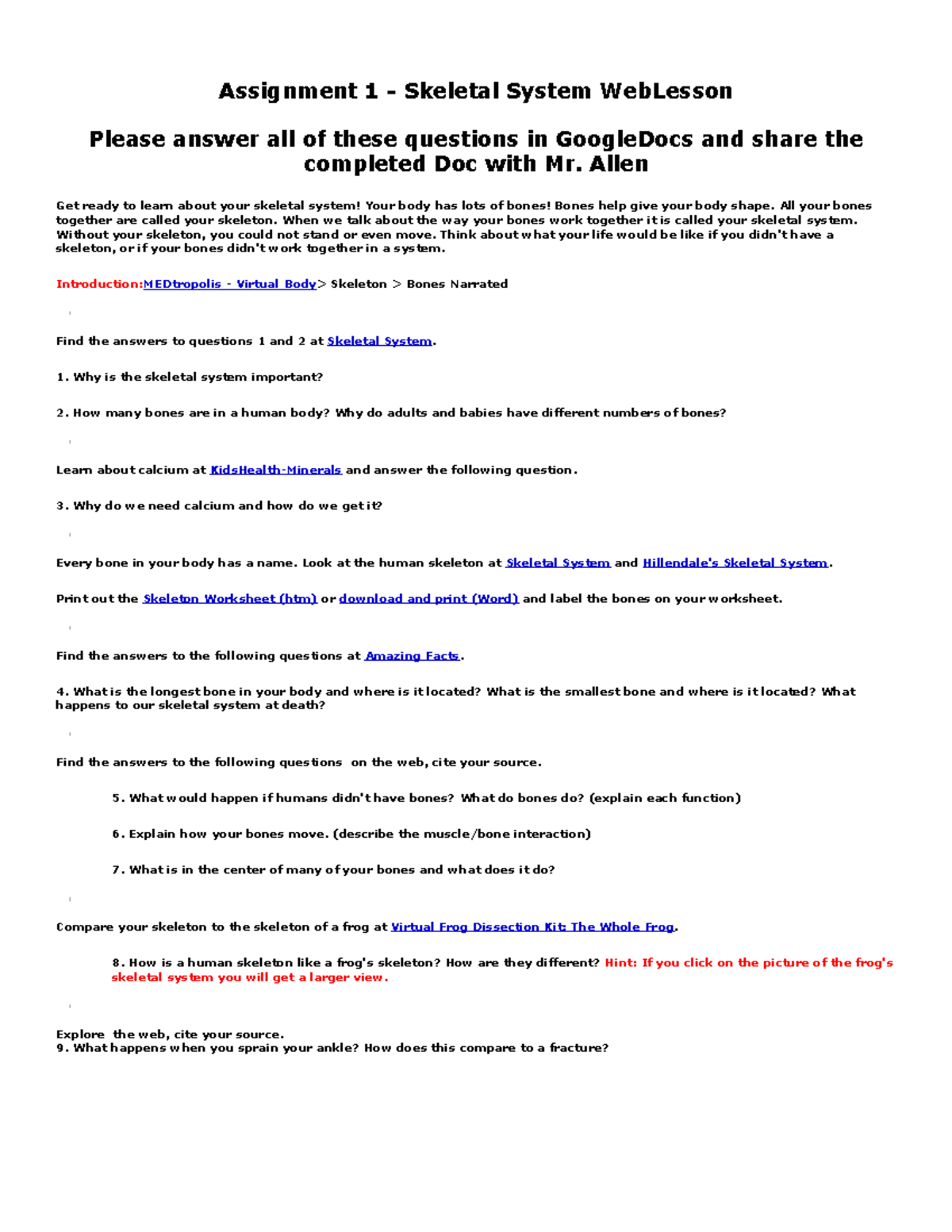 Skeletal Web Lesson - Lecture notes Biology - Assignment 1 - Skeletal ...
