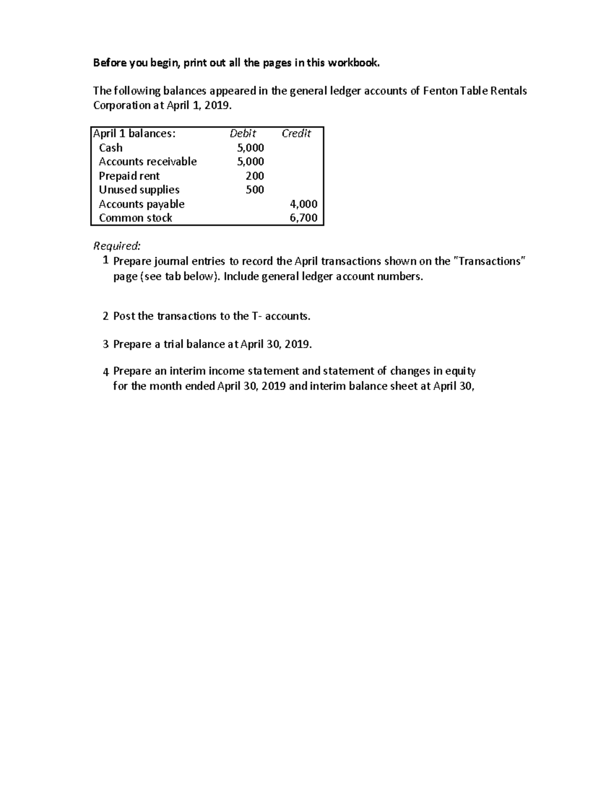 ACC111 Chapter 2 - Before you begin, print out all the pages in this workbook. April 1 balances ...