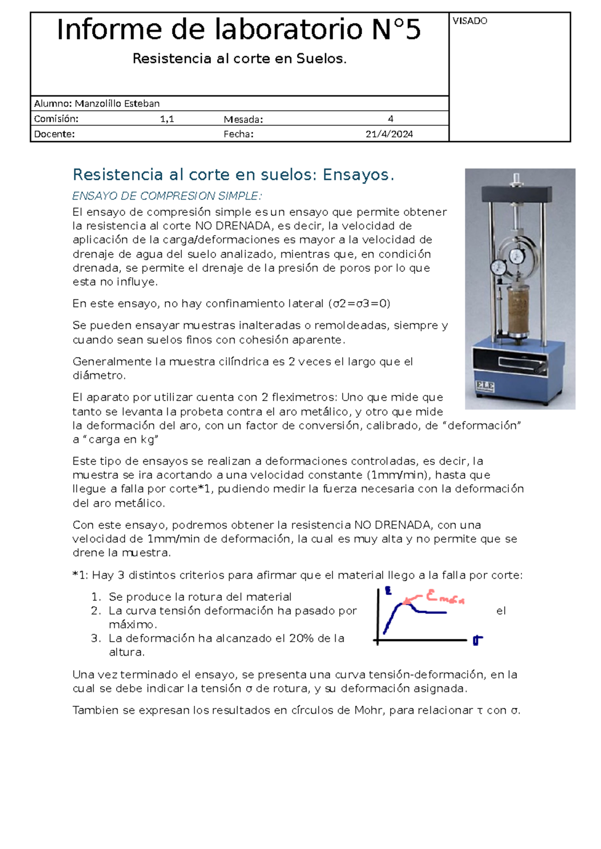 Informe de laboratorio Nº5 - Resistencia al corte en suelos: Ensayos ...