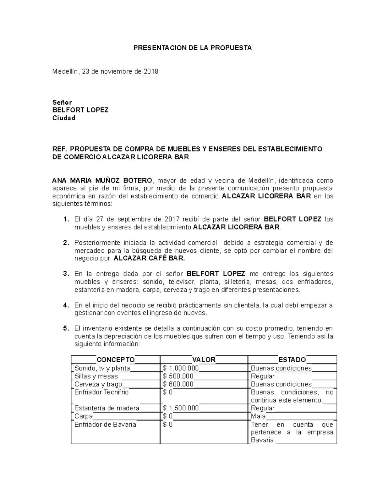Propuesta Compra DE Muebles Y Enseres - PRESENTACION DE LA PROPUESTA ...