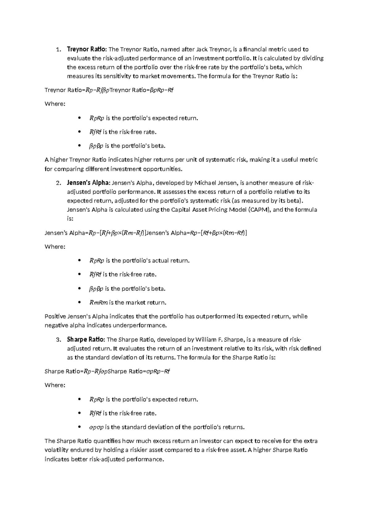 Treynor Ratio - notes - Treynor Ratio: The Treynor Ratio, named after ...