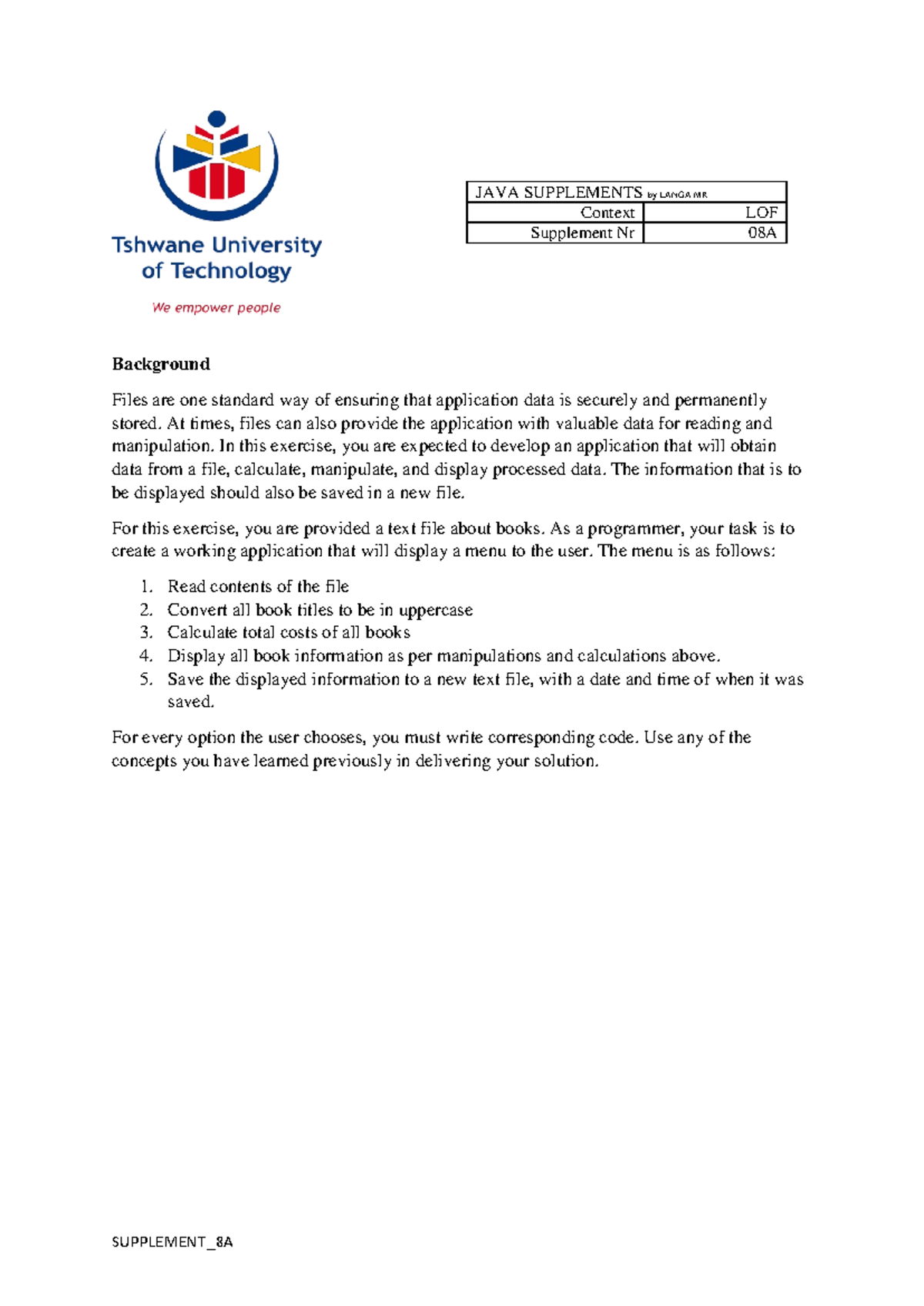 JAVA Supplements - Exercise 8A - SUPPLEMENT_8A JAVA SUPPLEMENTS by ...