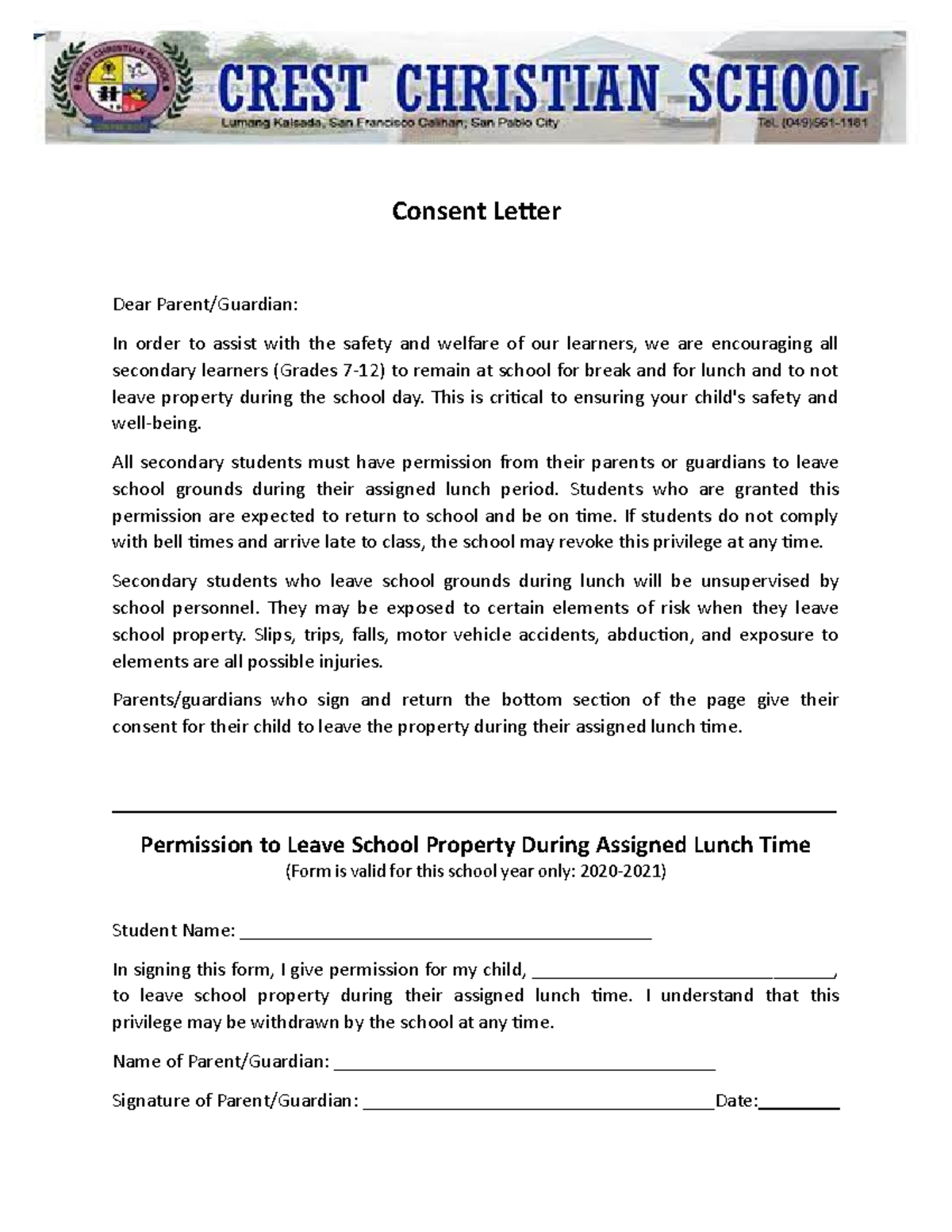 Consent Letter Lunch PAss - Consent Letter Dear Parent/Guardian: In ...