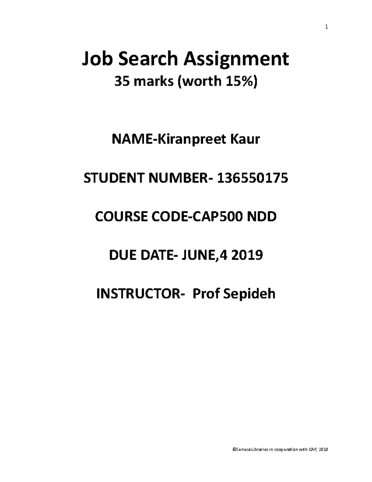 OCC-Assignment - Assignment - Job Search Assignment 35 marks (worth 15% ...