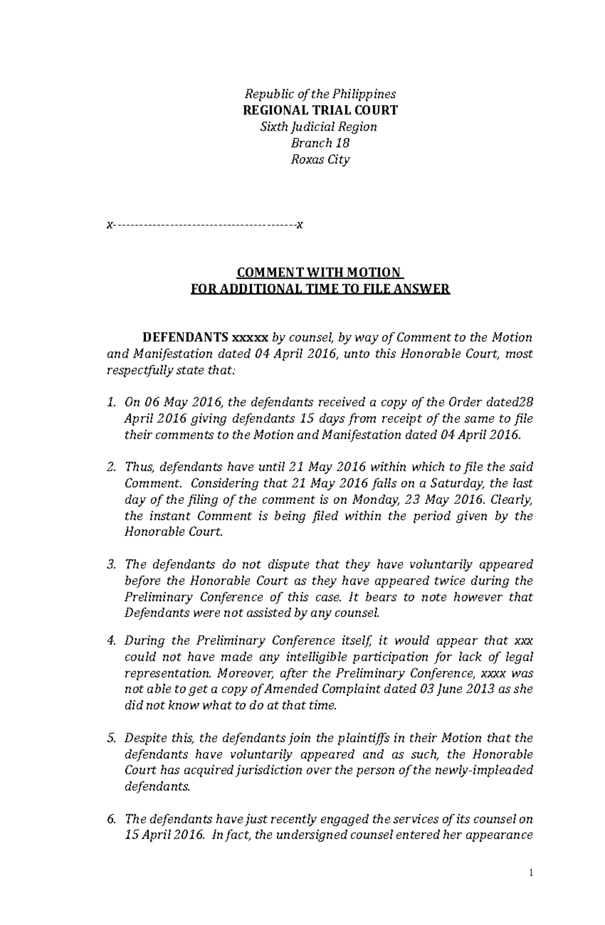 Motion scribd - Law - Republic of the Philippines REGIONAL TRIAL COURT ...