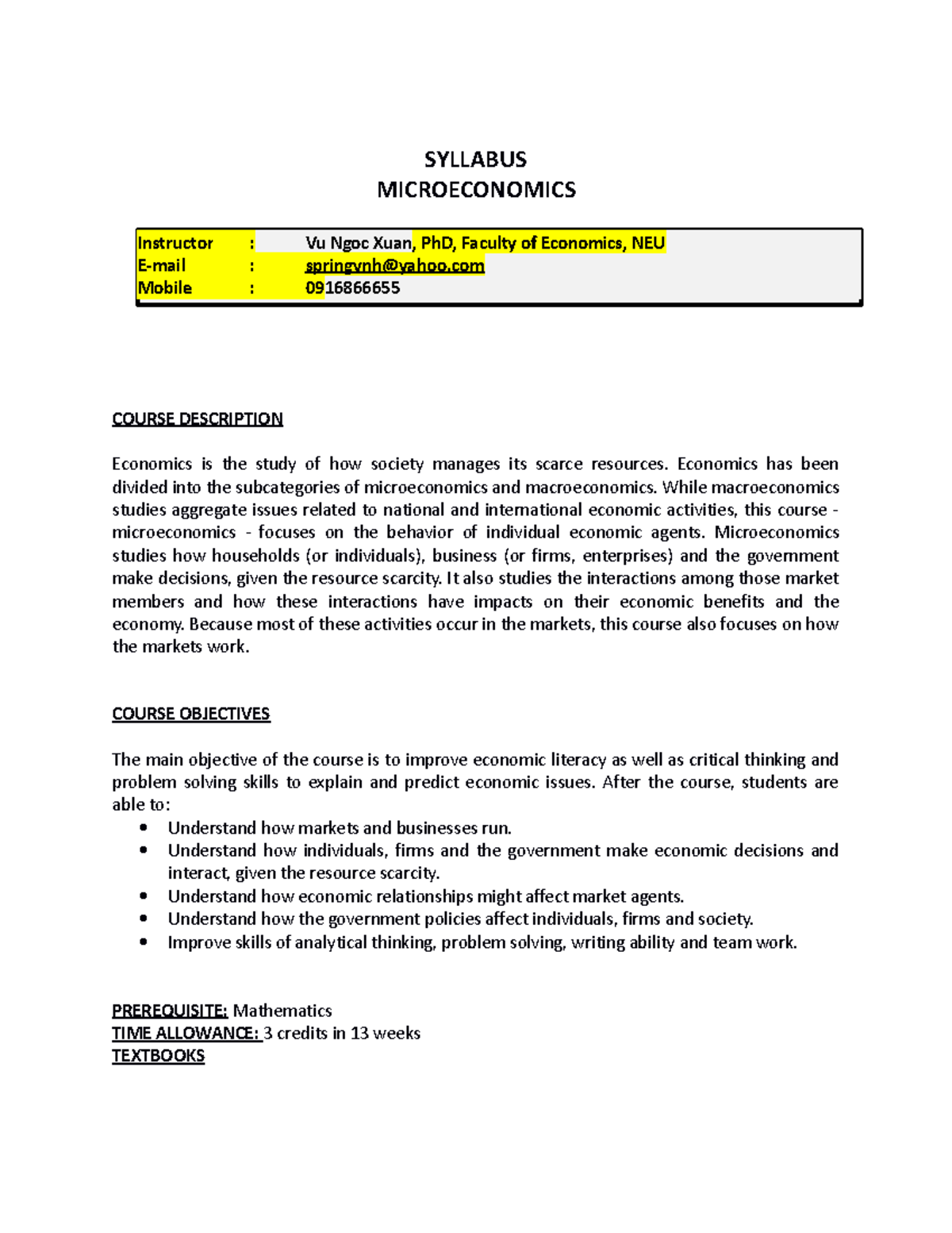 0- Syllabus - Micro 2001 05 - SYLLABUS MICROECONOMICS COURSE ...