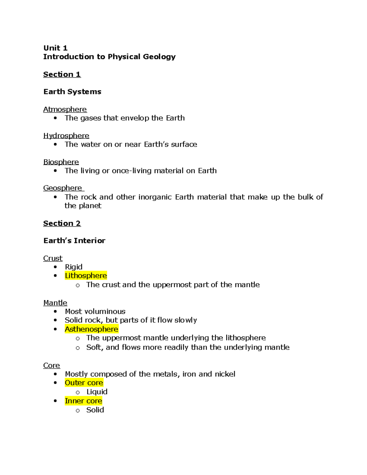 GEOL 200 Unit 1 Notes - Unit 1 Introduction to Physical Geology Section ...