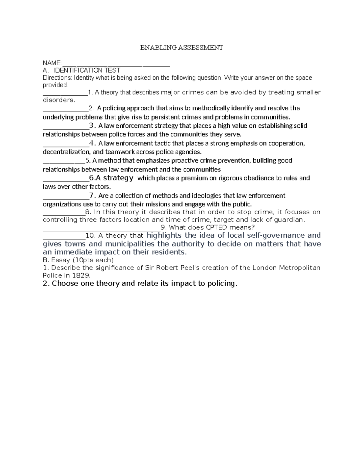 Enabling Assessment - ENABLING ASSESSMENT NAME ...