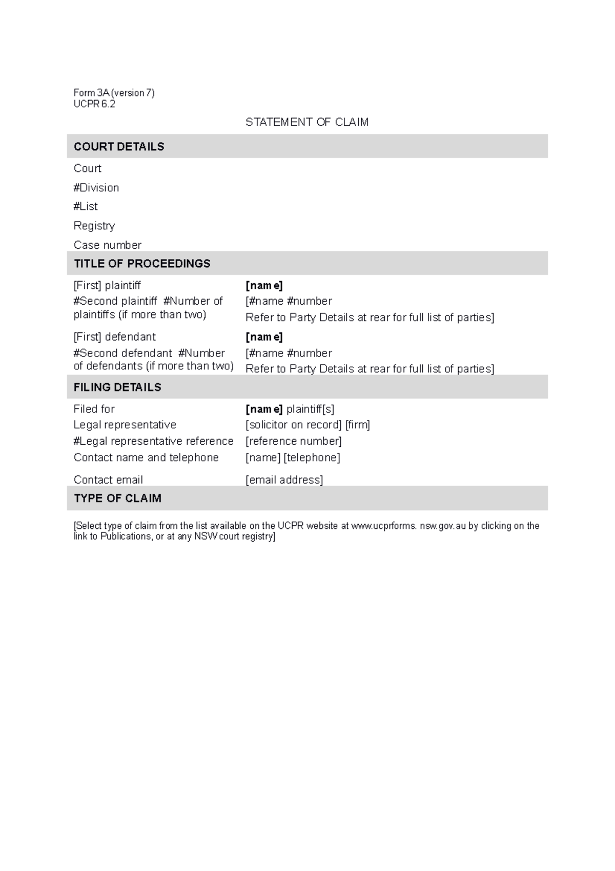 UCPR Form 3a v71 Statement Of Claim Legally Represented - Form 3A ...