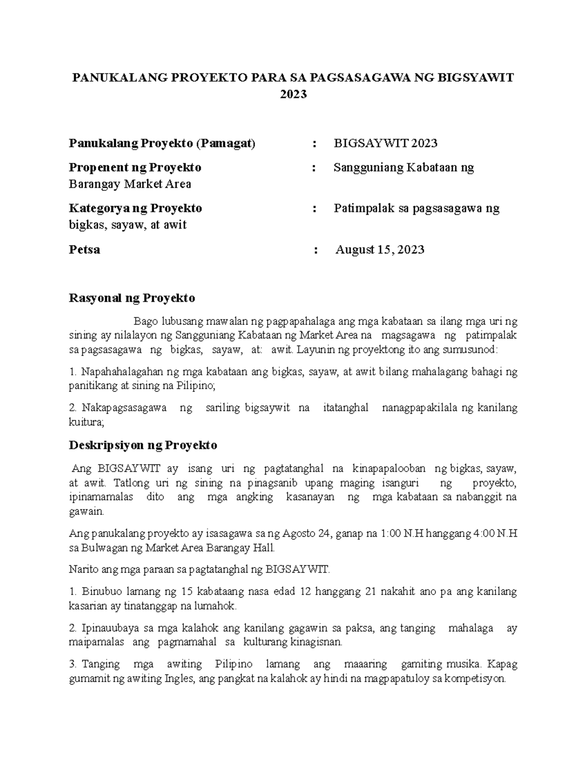 Akad Fil - assignment - PANUKALANG PROYEKTO PARA SA PAGSASAGAWA NG ...
