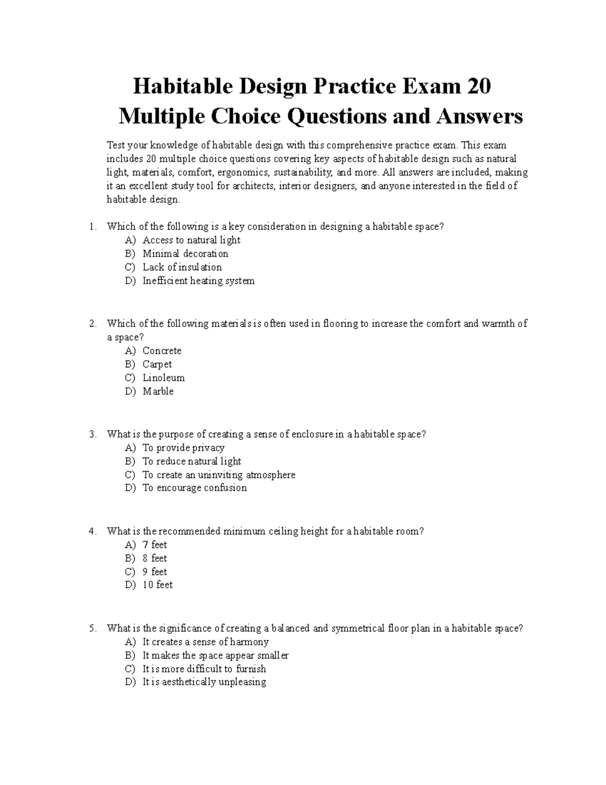 Habitable Design Practice Exam 20 Multiple Choice Questions and Answers ...