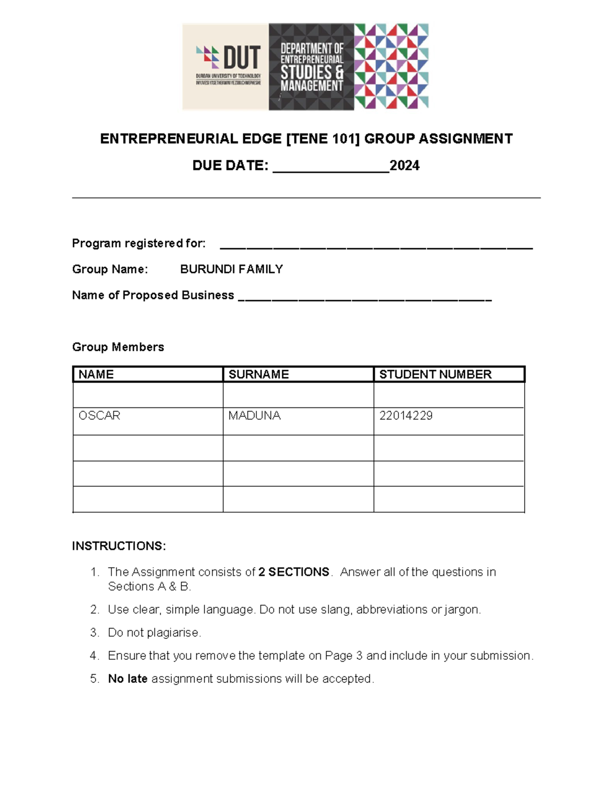 Assignment TENE101 - ENTREPRENEURIAL EDGE [TENE 101] GROUP ASSIGNMENT ...