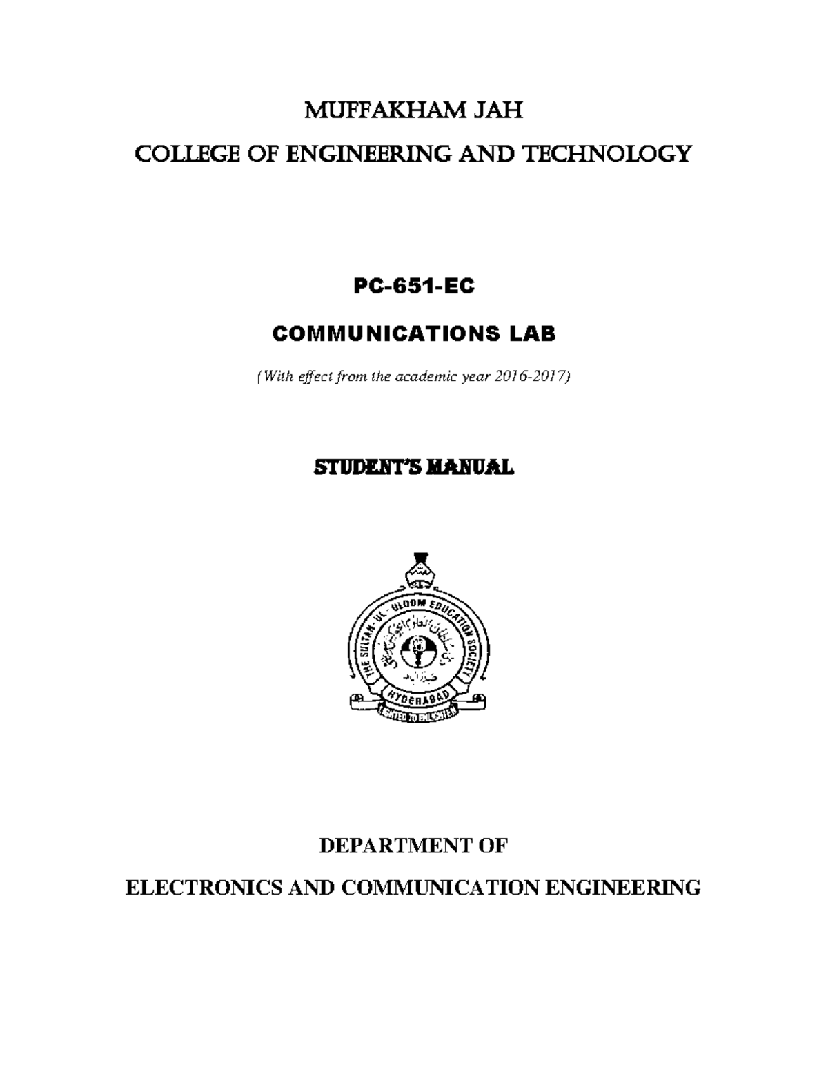Communication Lab Manual 3-2 - MUFFAKHAM JAH COLLEGE OF ENGINEERING AND TECHNOLOGY PC-651-EC ...