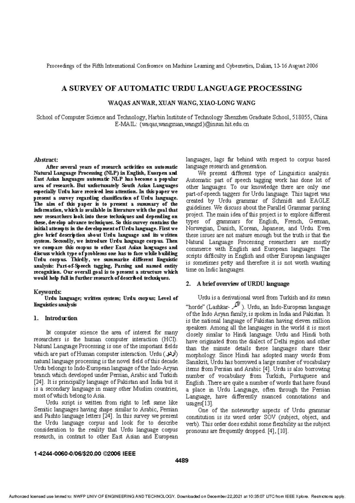 A Survey of Automatic Urdu Language Processing - 1-4244-0060-0/06/$20 ...