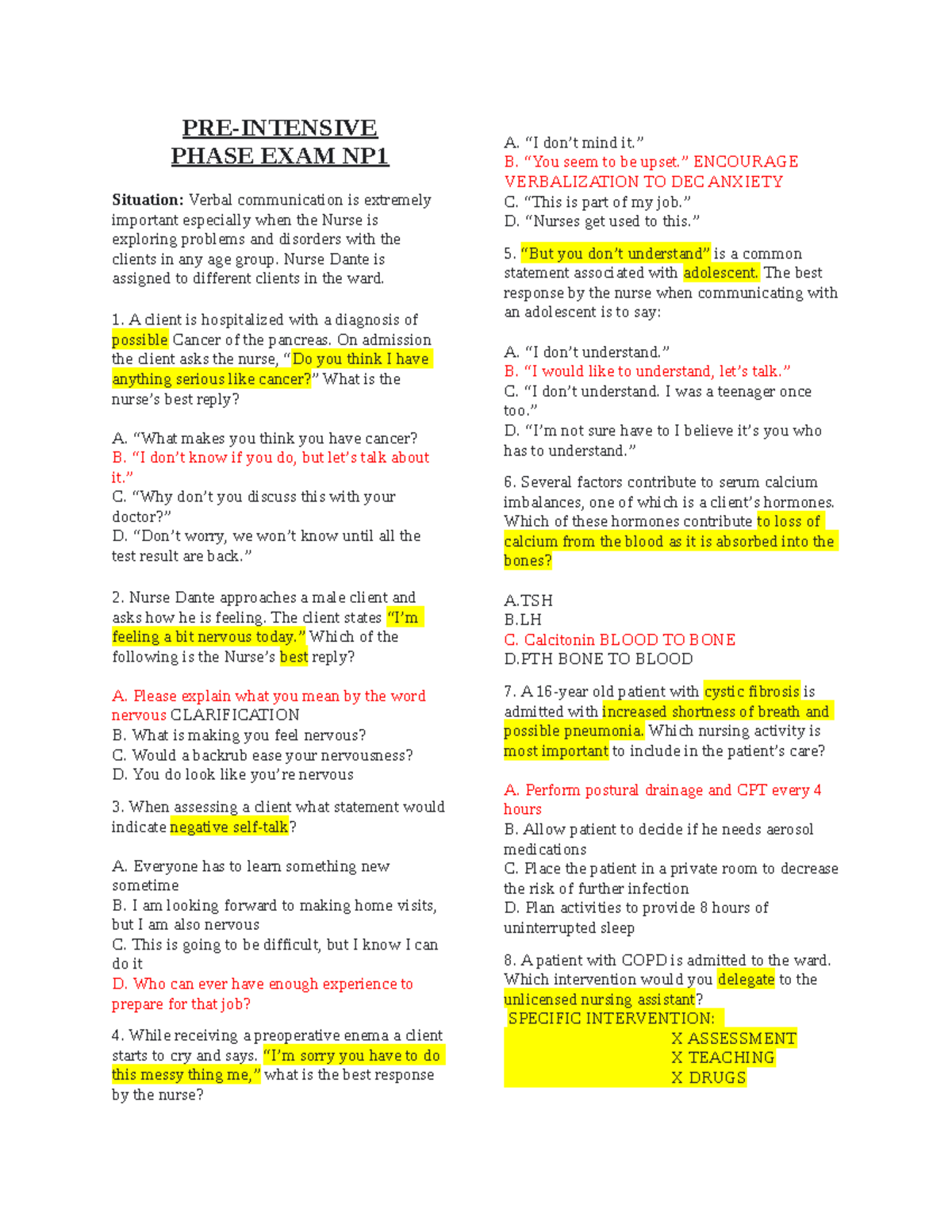 PRE Intensive Phase EXAM NP1 NP5 - PRE-INTENSIVE PHASE EXAM NP ...