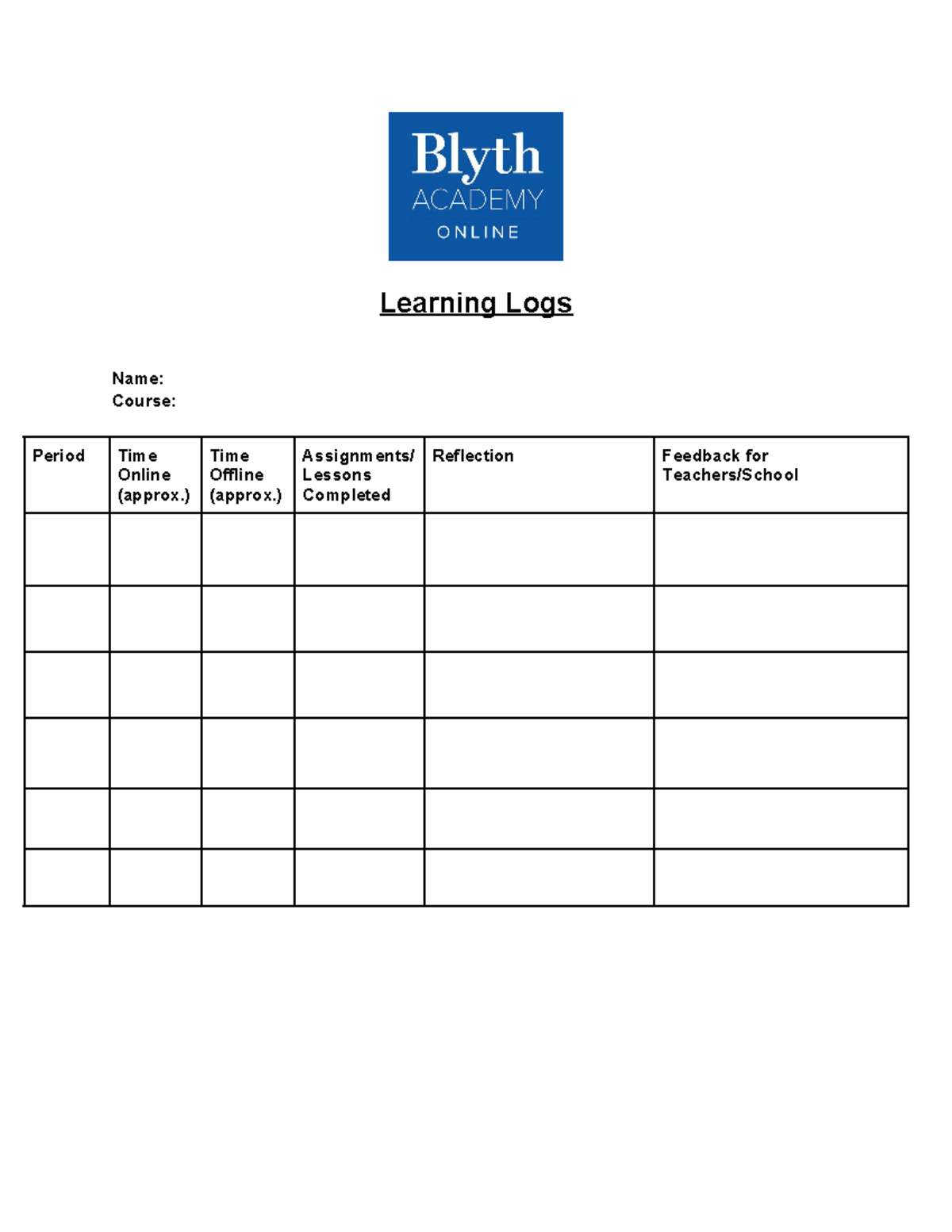 Learning Logs 1 - Learning Logs Name: Course: Period Time Online ...