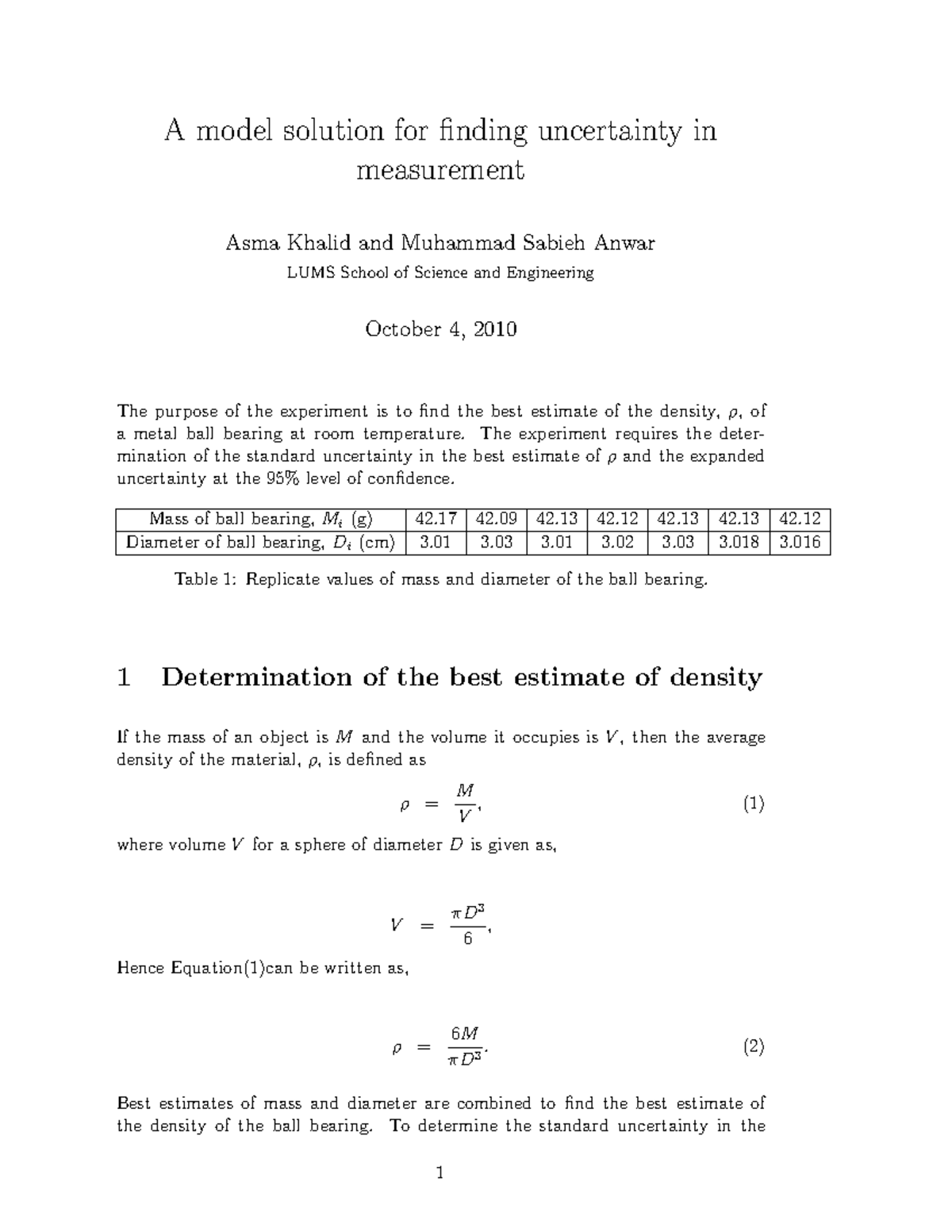 Uncertainty 2 - A model solution for finding uncertainty in measurement ...