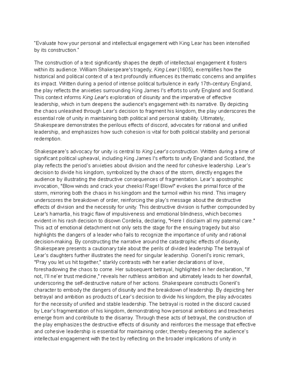 King Lear Practice Essay - “Evaluate how your personal and intellectual ...