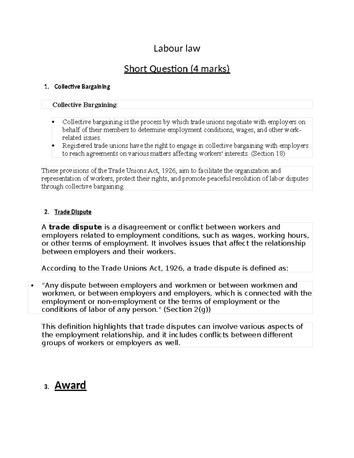 Labour law previous questions - Labour law Short Question (4 marks) 1 ...