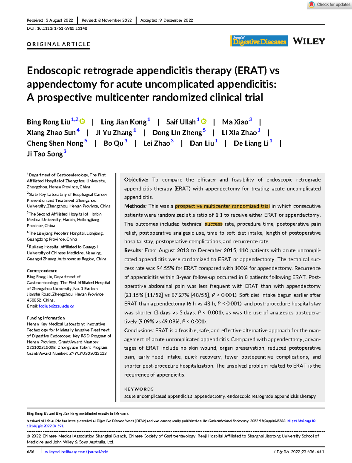 Liu et al 2022 - Endoscopic retrograde appendicitis therapy (ERAT) vs ...
