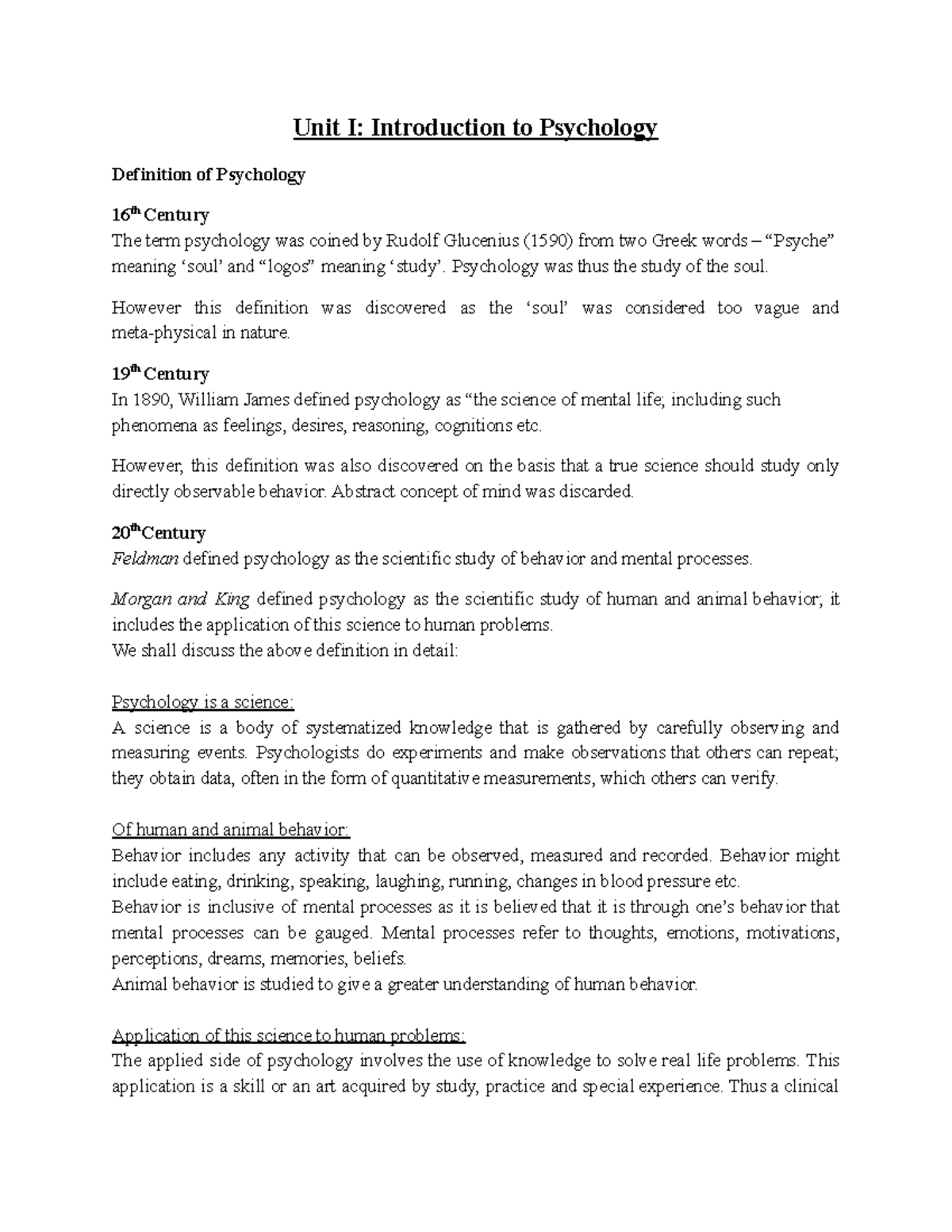 1. Introduction to Psychology - Unit I: Introduction to Psychology ...