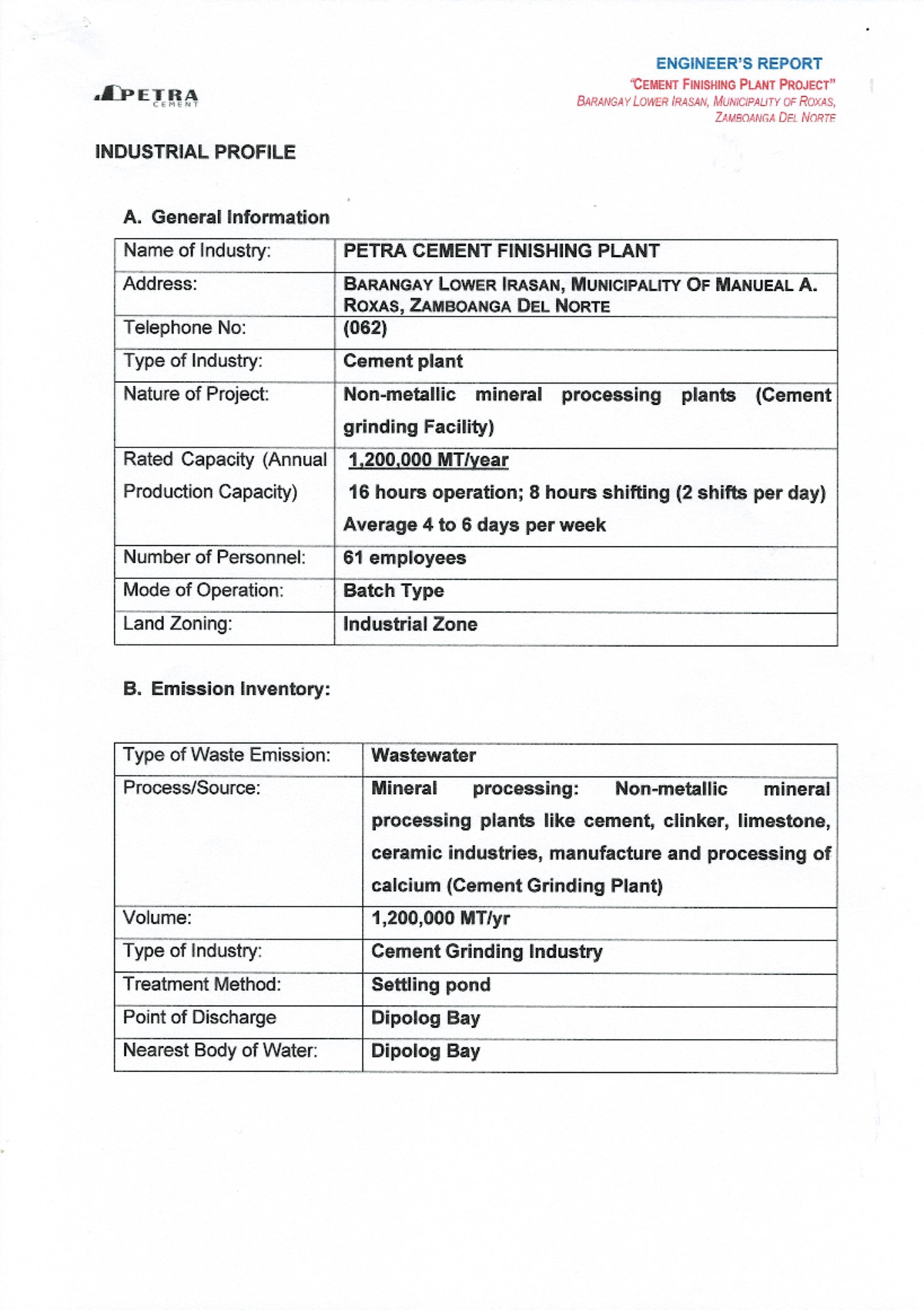 PCI-Engineer's Report - REPORT FINISHING PLANT PETRA CEMENT BARANGAY ...