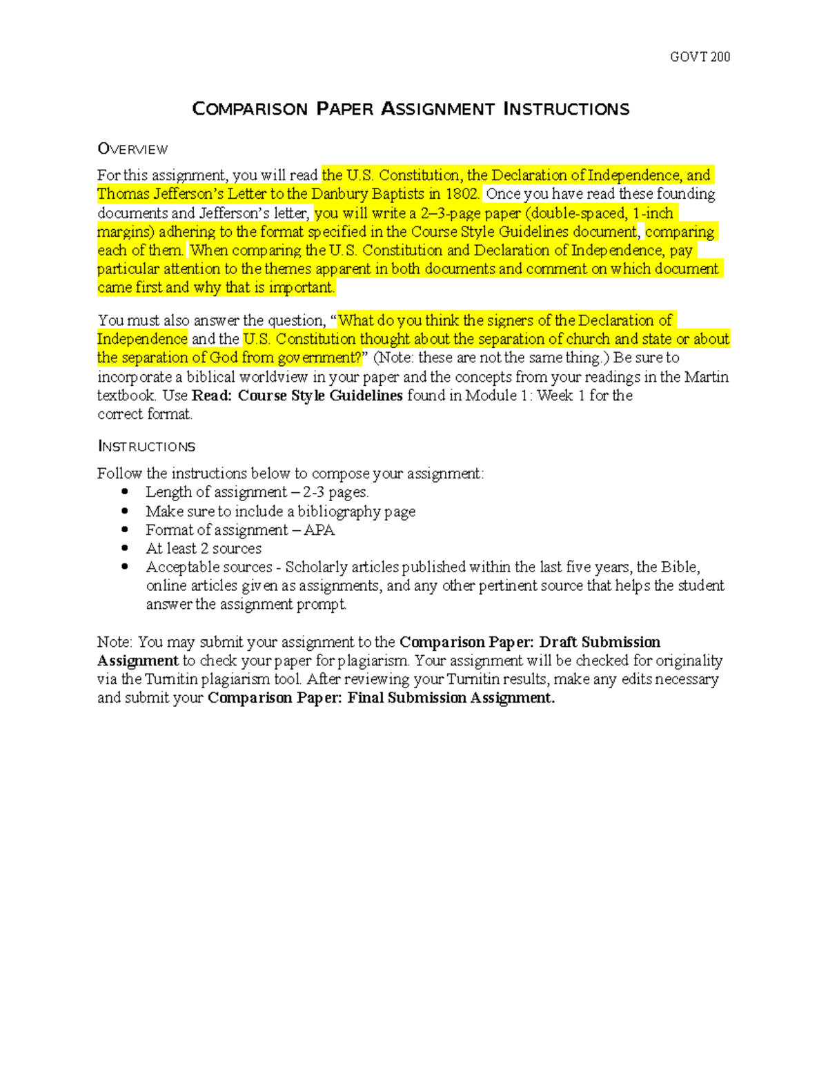 Comparison Paper Assignment Instructions - GOVT 200 COMPARISON PAPER ...