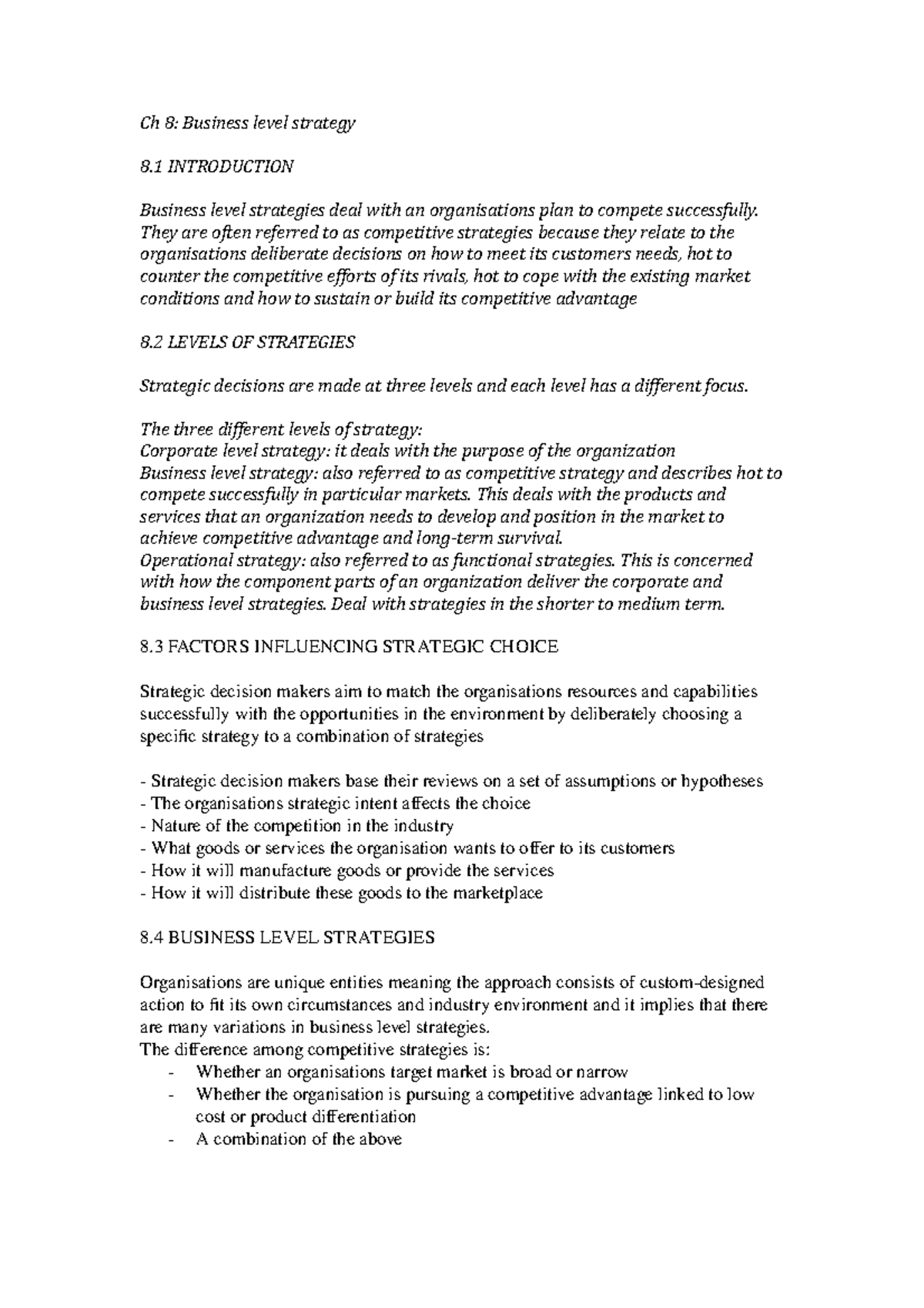 Ch 8 - Chapter 8 - Strategic Management - Ch 8: Business level strategy ...