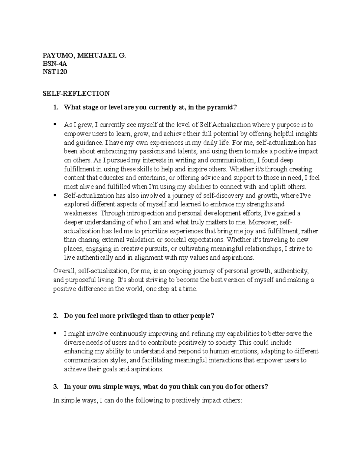 Maslow hierarchy of needs - PAYUMO, MEHUJAEL G. BSN-4A NST SELF ...