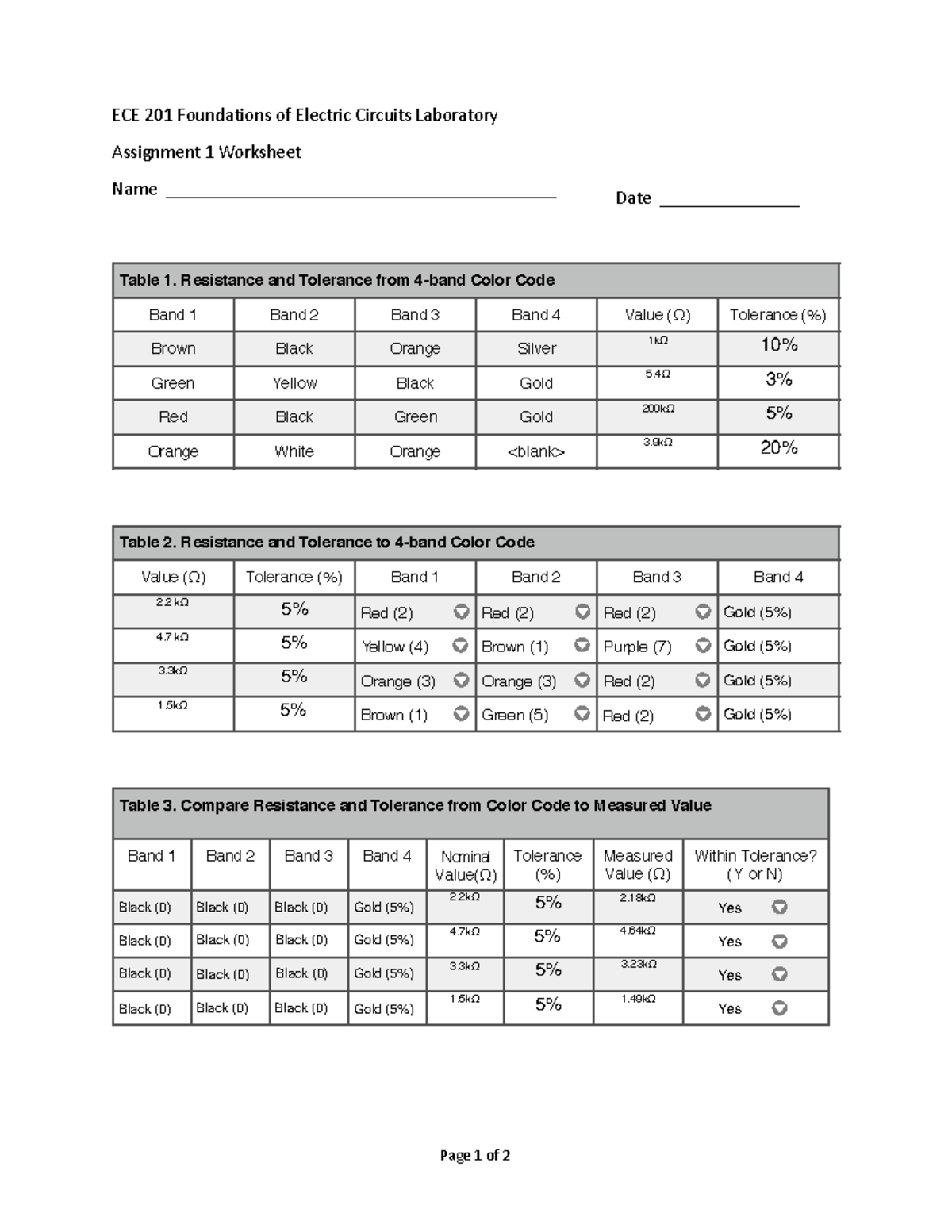 ECE 201 LAB 1 Worksheet - Electric Circuits lab work material - ECE 2 ...