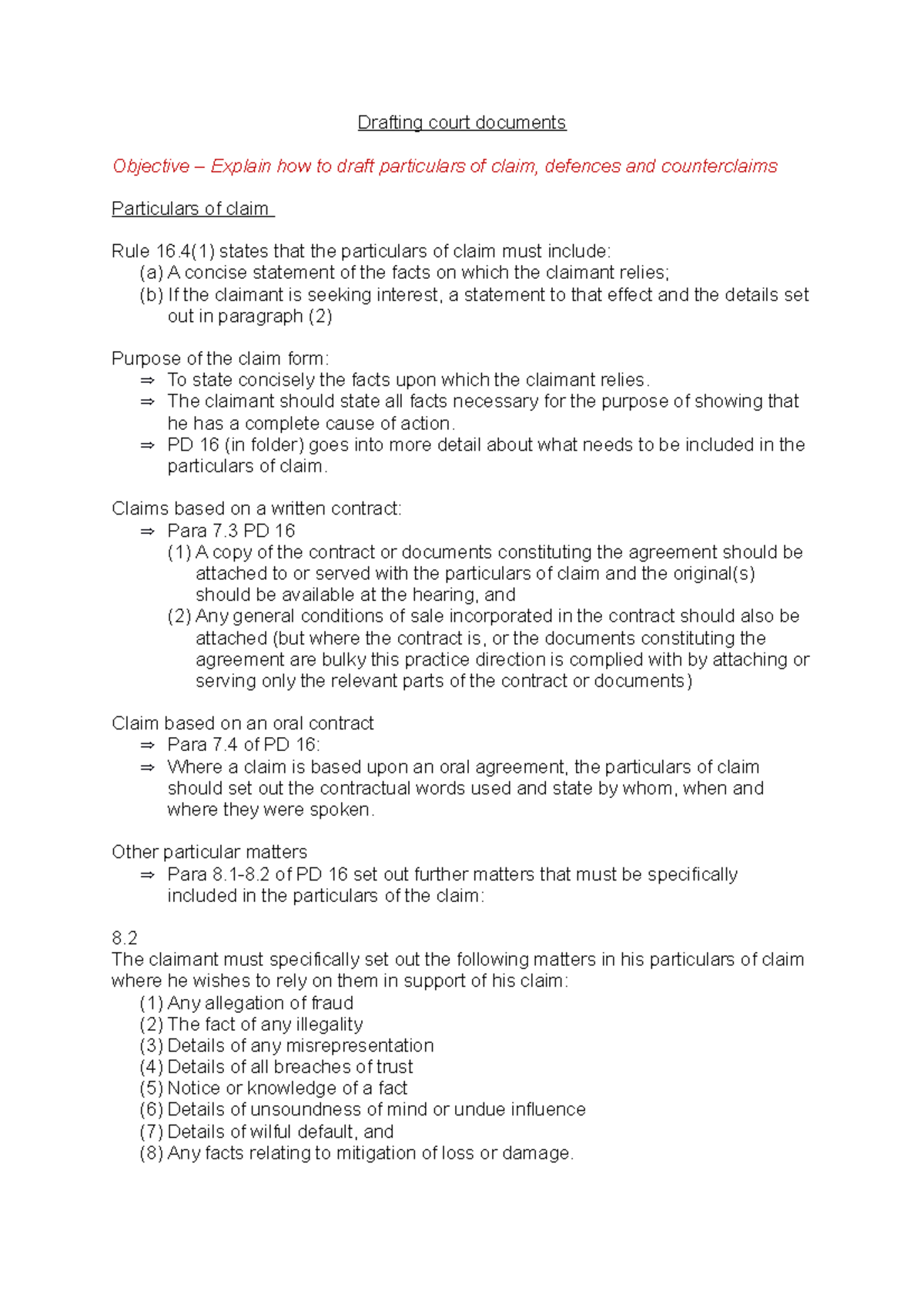 Dispute Resolution - Drafting court documents Objective – Explain how ...