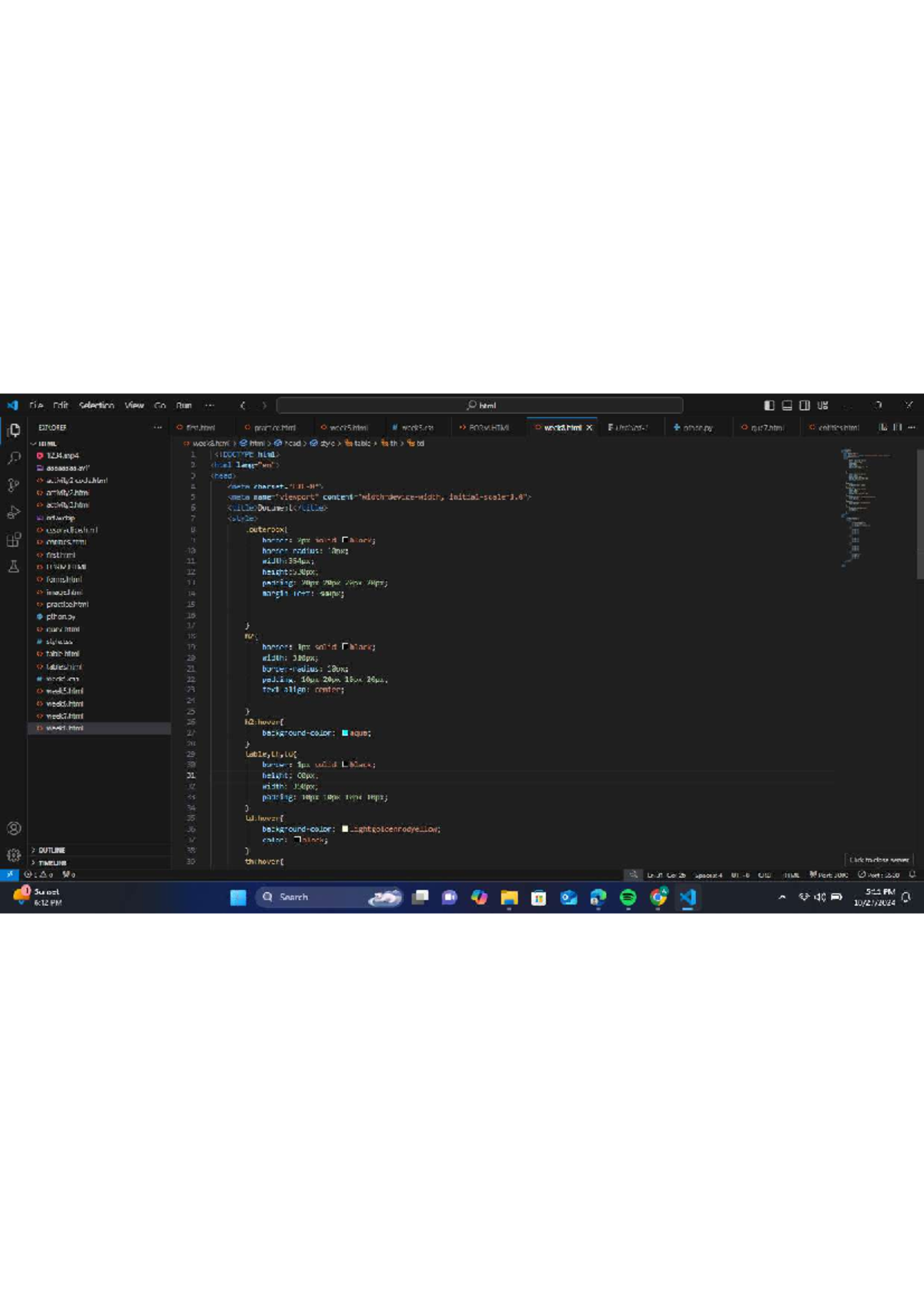 Week9 activity - File Edit Selection View Go Run html EXPLORER first ...