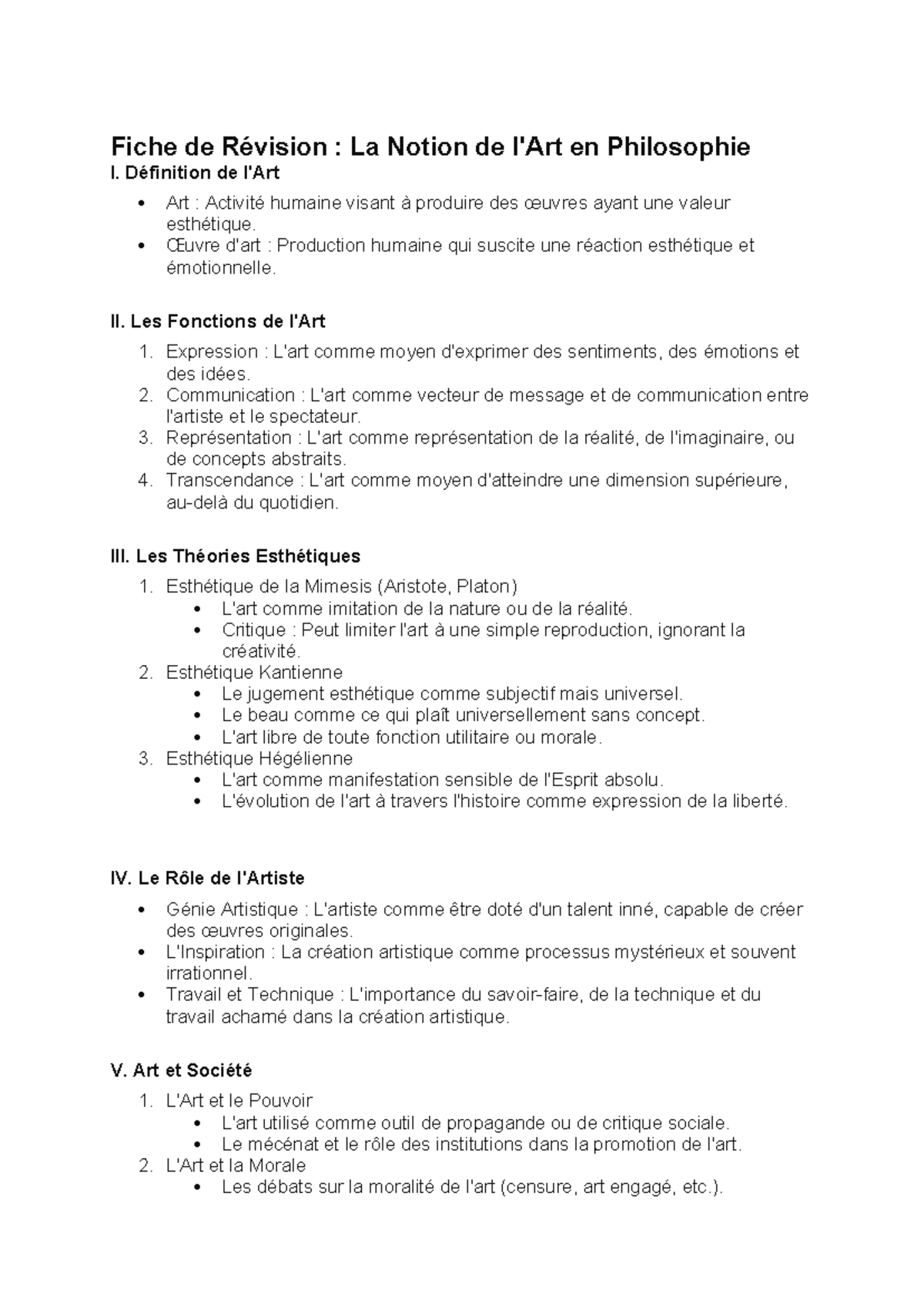 Fiche de Révision art philo - Fiche de Révision : La Notion de l'Art en Philosophie I ...