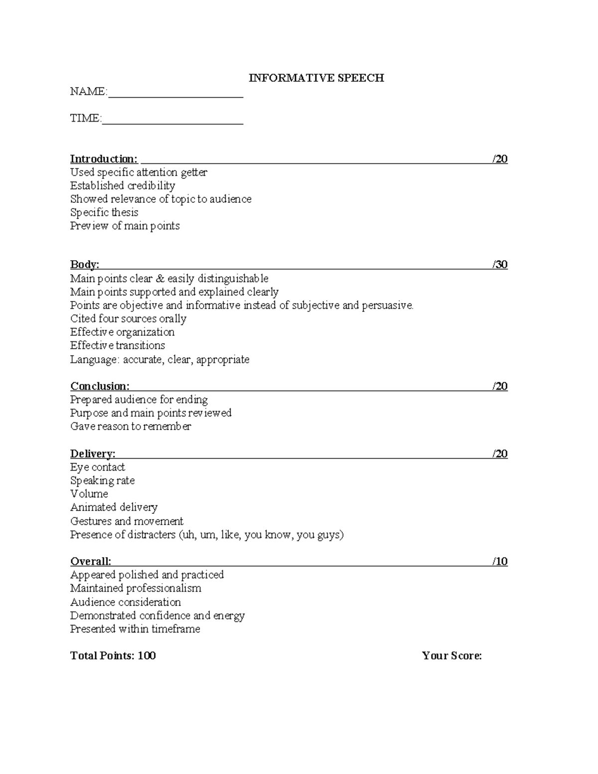 Informative Speech Rubric - INFORMATIVE SPEECH NAME ...