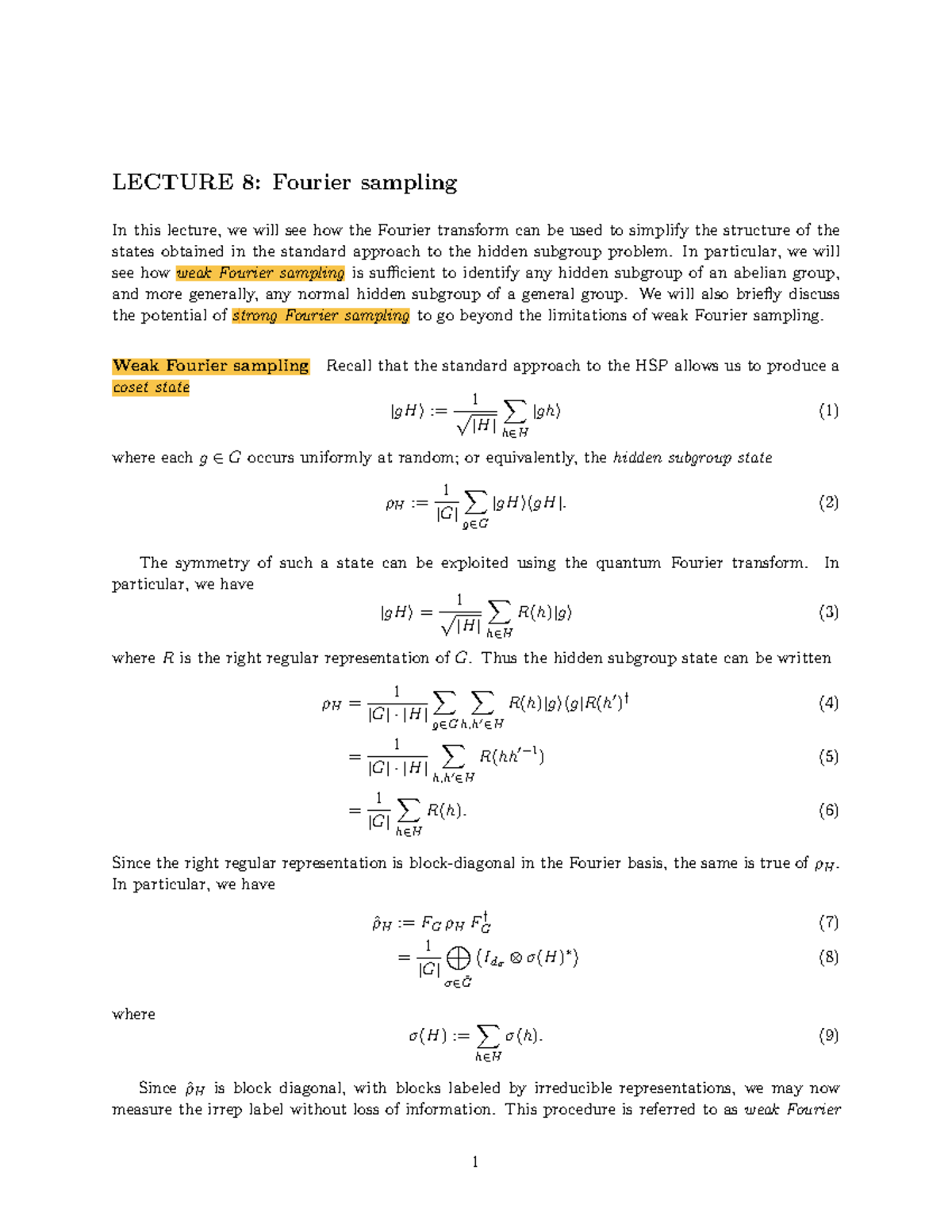 LECTURE 8: Fourier sampling - Quantum algorithms (CO 781, Winter 2008) Prof. Andrew Childs ...