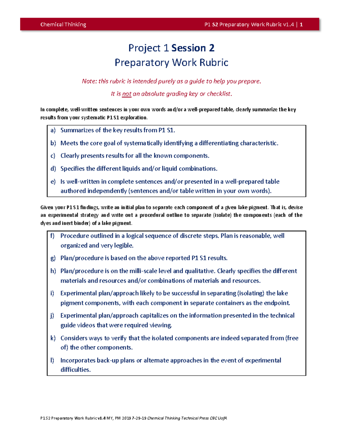 P1 S2 Preparatory Work Rubric - It is not an absolute grading key or ...