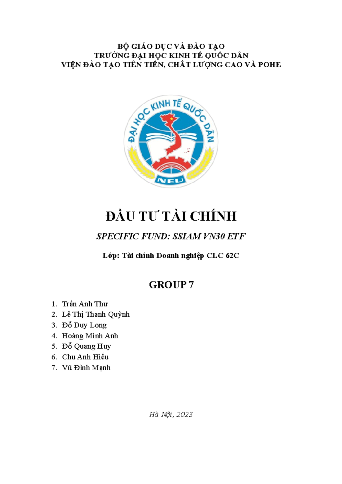 Group-7 Tcdnclc 62C Fund-Investment - Ssiam-VN30-ETF - BỘ GIÁO DỤC VÀ ĐÀO TẠO TRƯỜNG ĐẠI HỌC ...