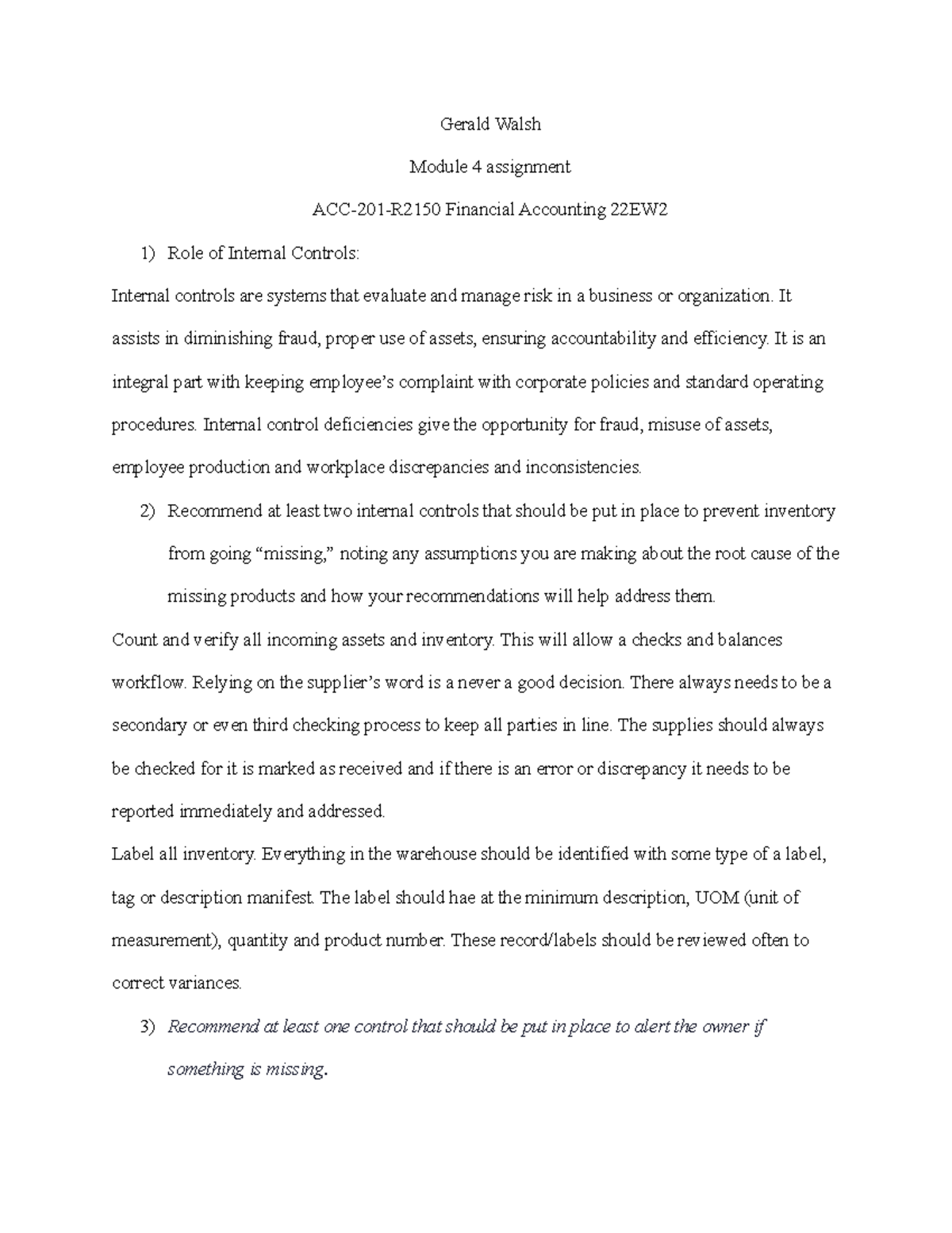 Module 4 assignment - Gerald Walsh Module 4 assignment ACC-201-R2150 ...