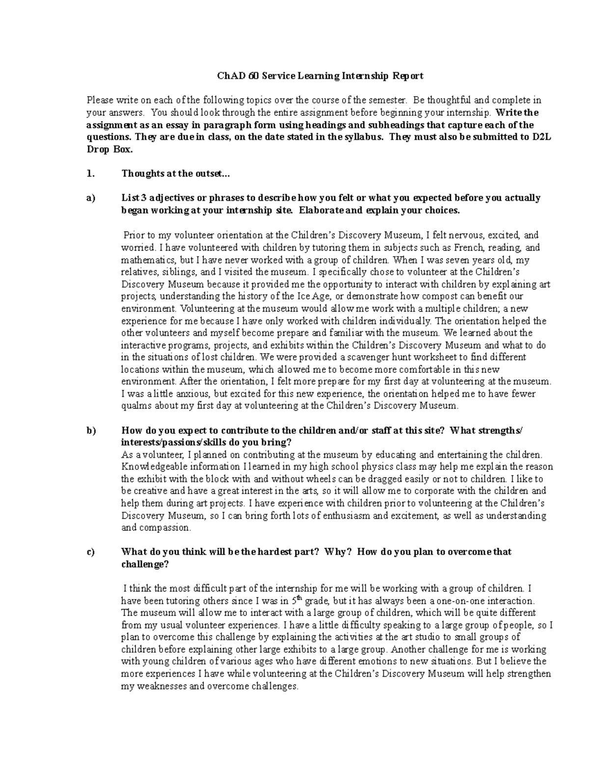 Ch AD 60 Service Learning Internship Report - Be thoughtful and ...