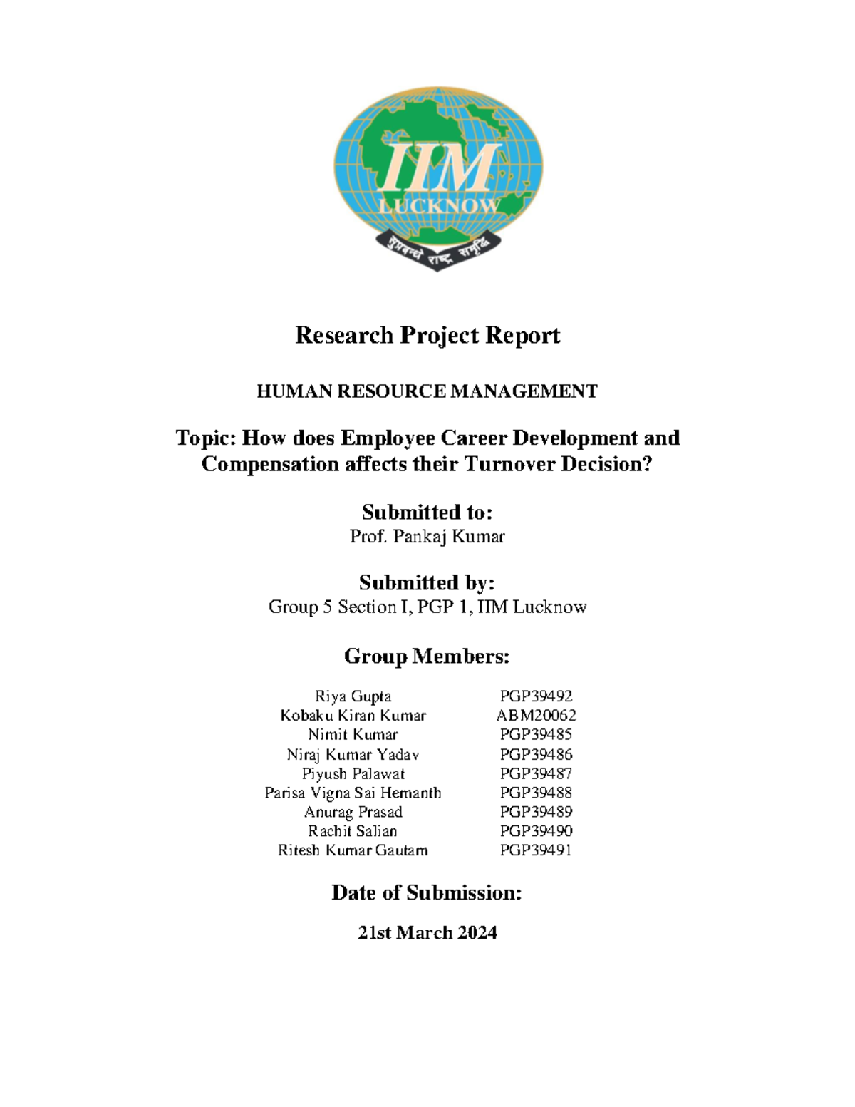 Group 5 HRM Report - Research Project Report HUMAN RESOURCE MANAGEMENT ...