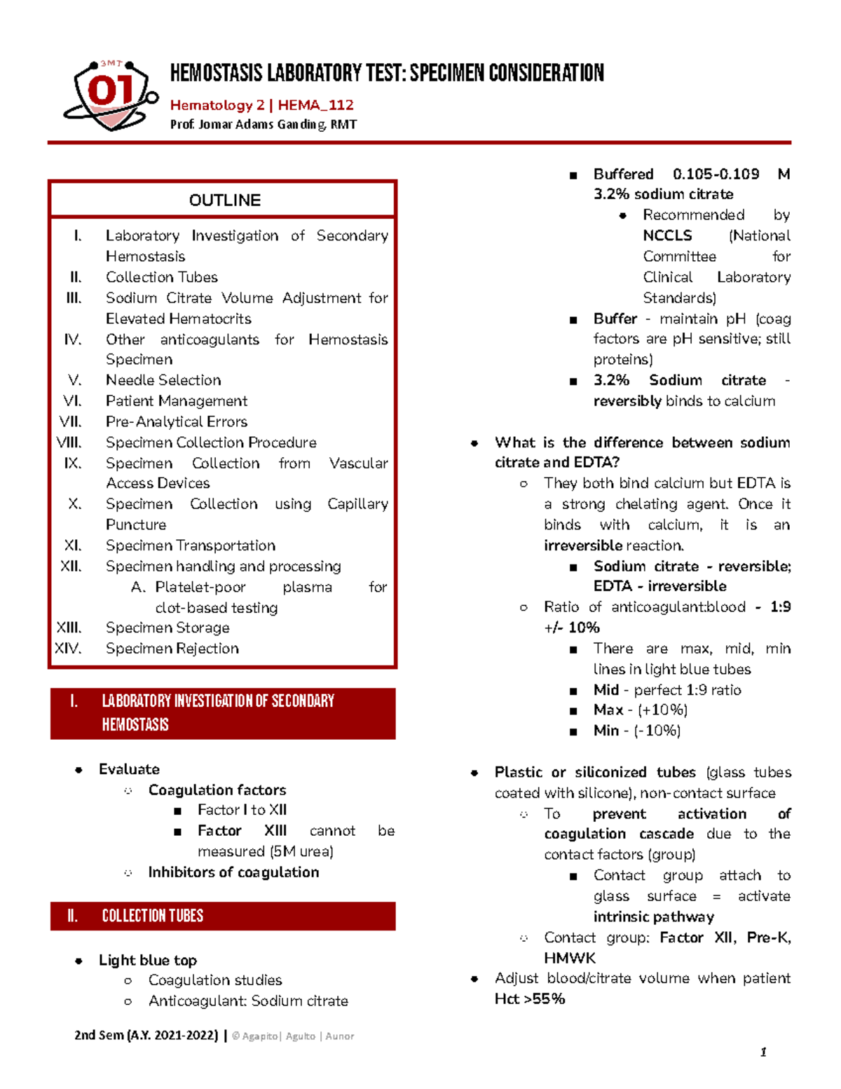 [Lec #7] Hemostasis Laboratory Tests Specimen Consideration ...