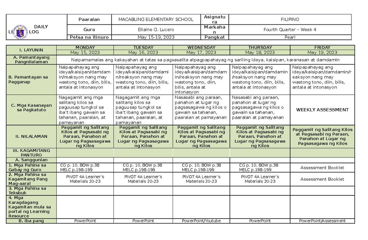 DLL- Filipino - none - DAILY LESSON LOG Paaralan MACABLING ELEMENTARY ...