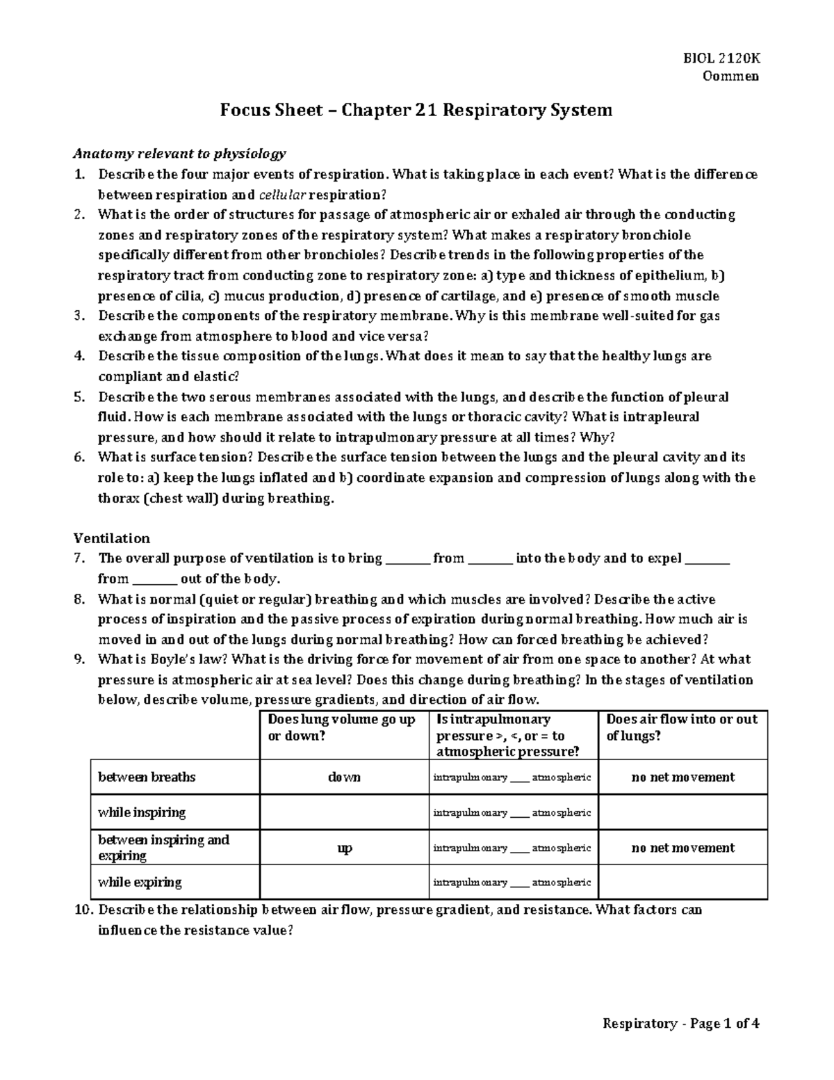 Ch21 Respiratory System Focus Sheet - Oommen Focus Sheet – Chapter 21 ...