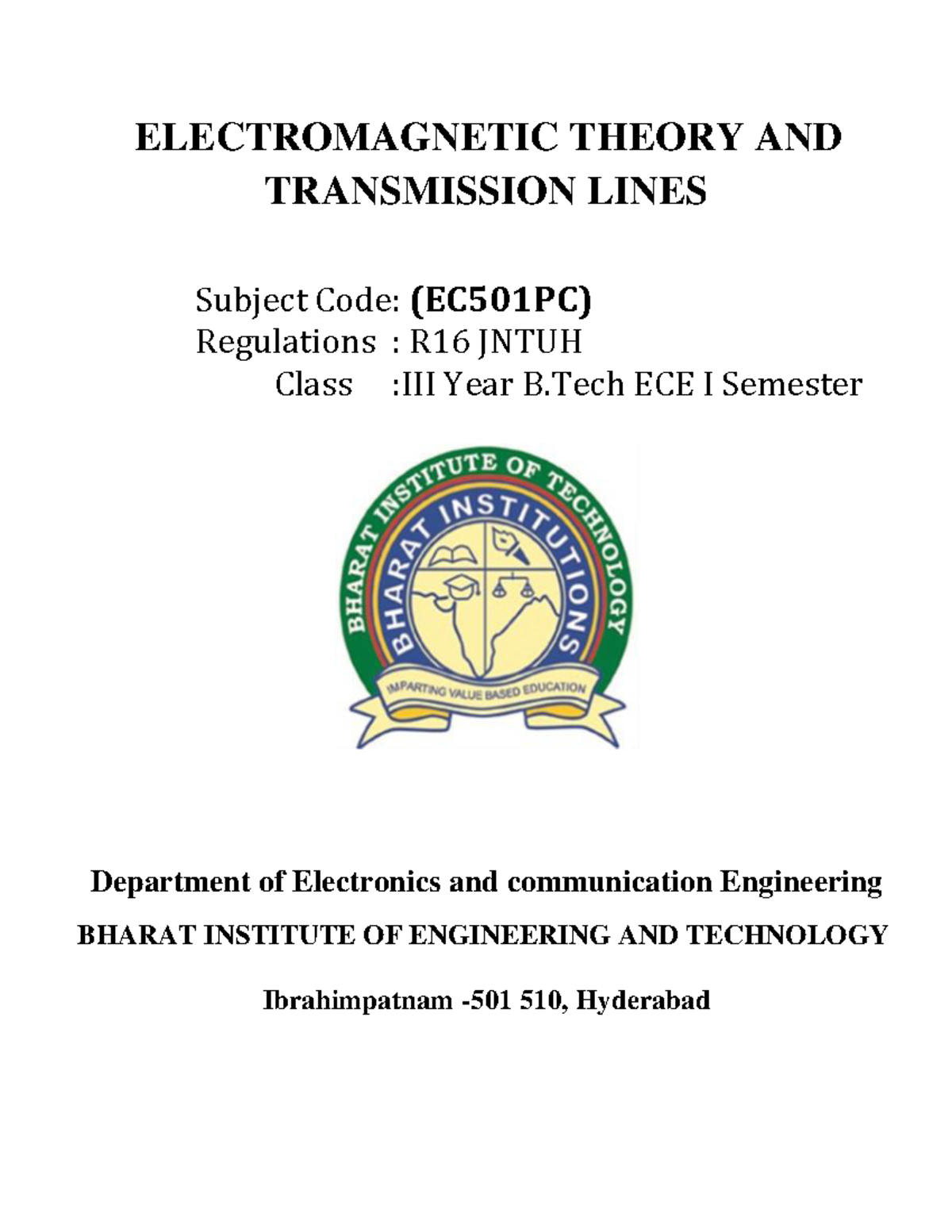 EMTL imp questions 2 - Emtl - ELECTROMAGNETIC THEORY AND TRANSMISSION LINES Subject Code ...