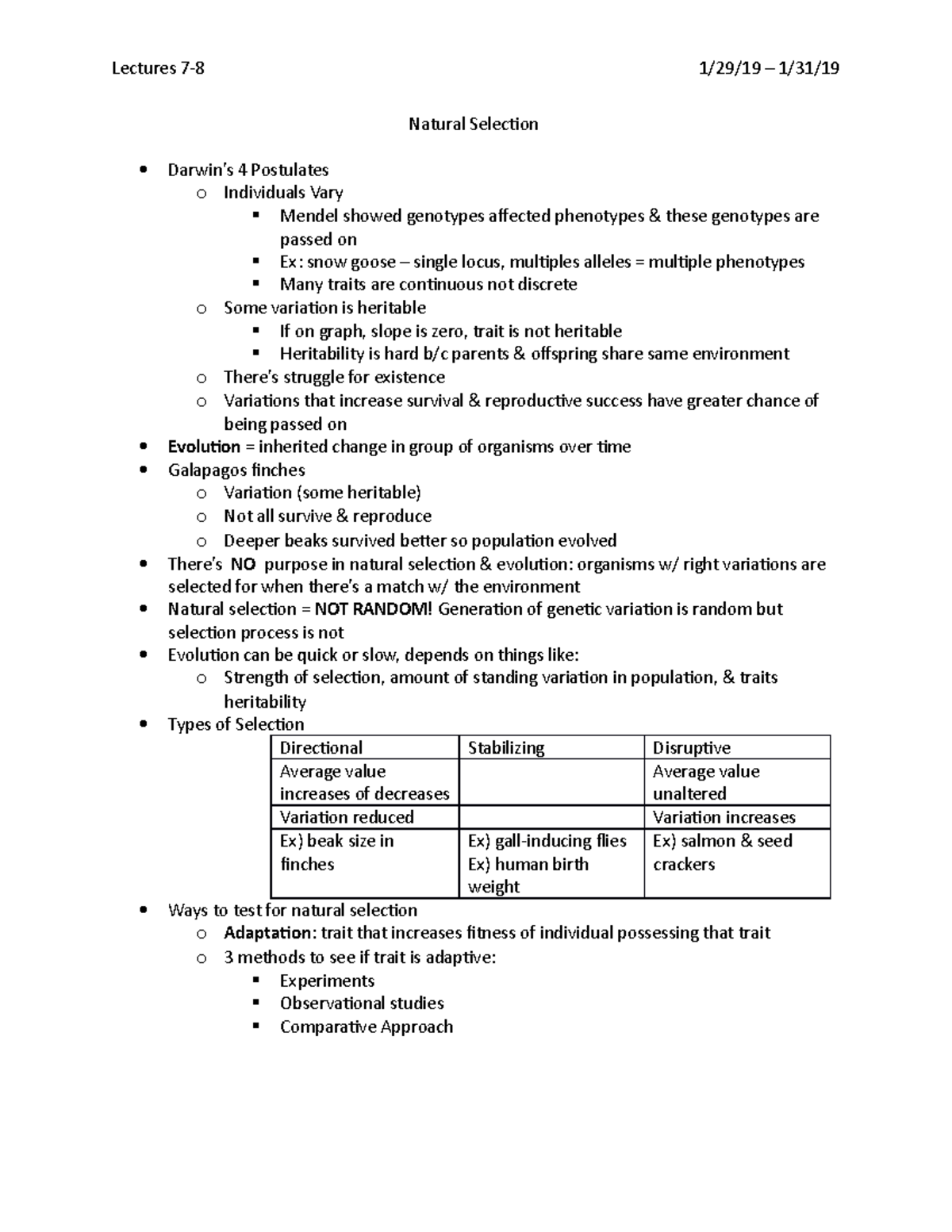 Natural Selection - Lecture Notes (Spring 2019) - Lectures 7-8 1/29/19 ...