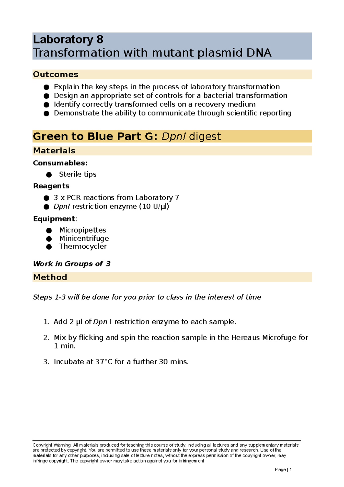 Laboratory 8 Protocol BMS1062 2023 - Laboratory 8 Transformation with mutant plasmid DNA ...